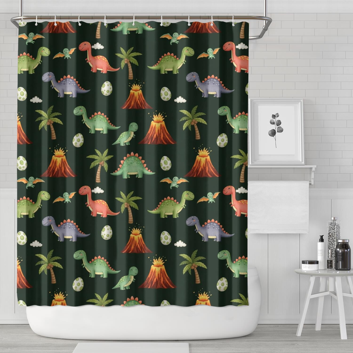 Dark Green Toned Dinosaur and Volcano Pattern Shower Curtain 72"x84 ...