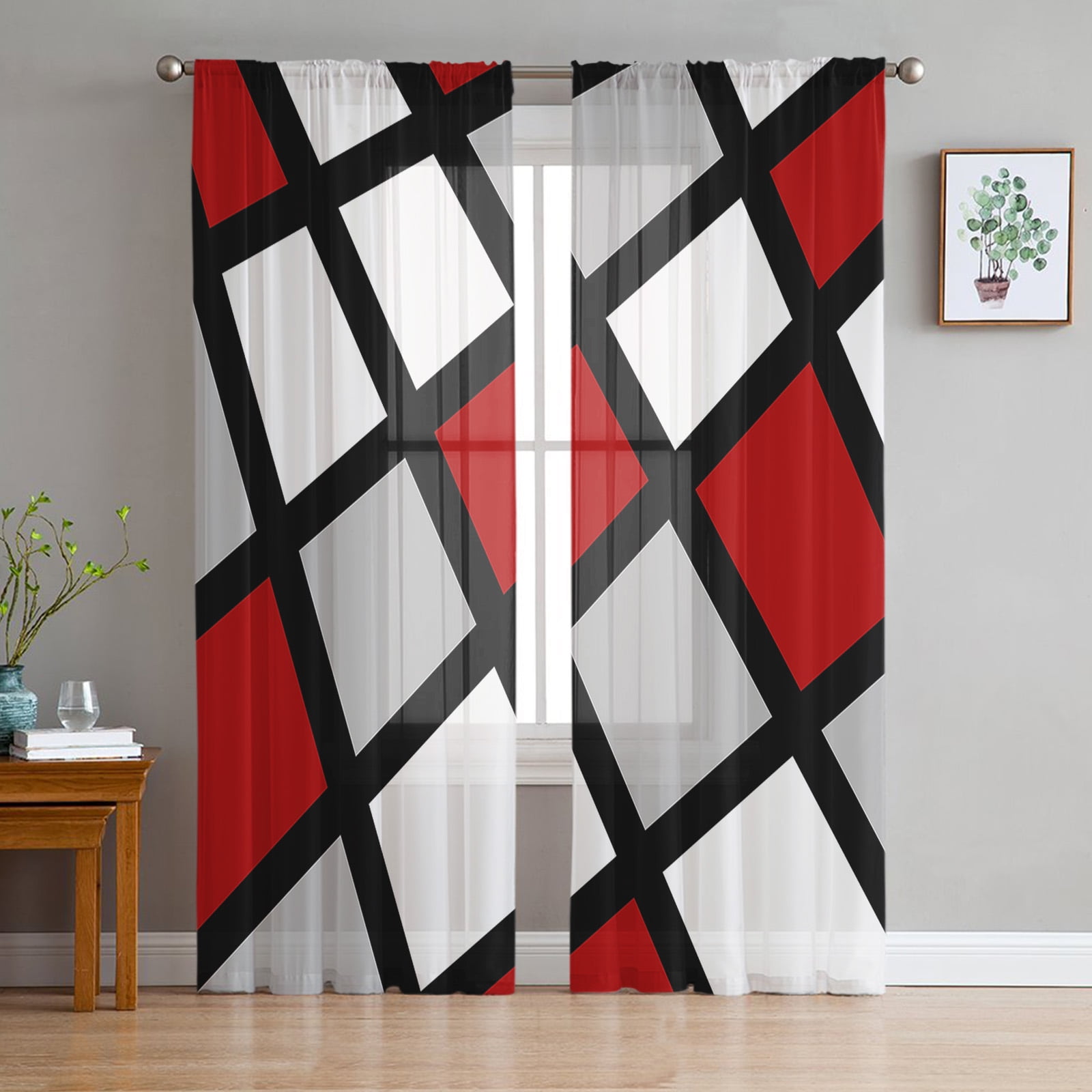 Dark Green Triangle Irregular Graphic Chiffon Sheer Curtains for Living ...