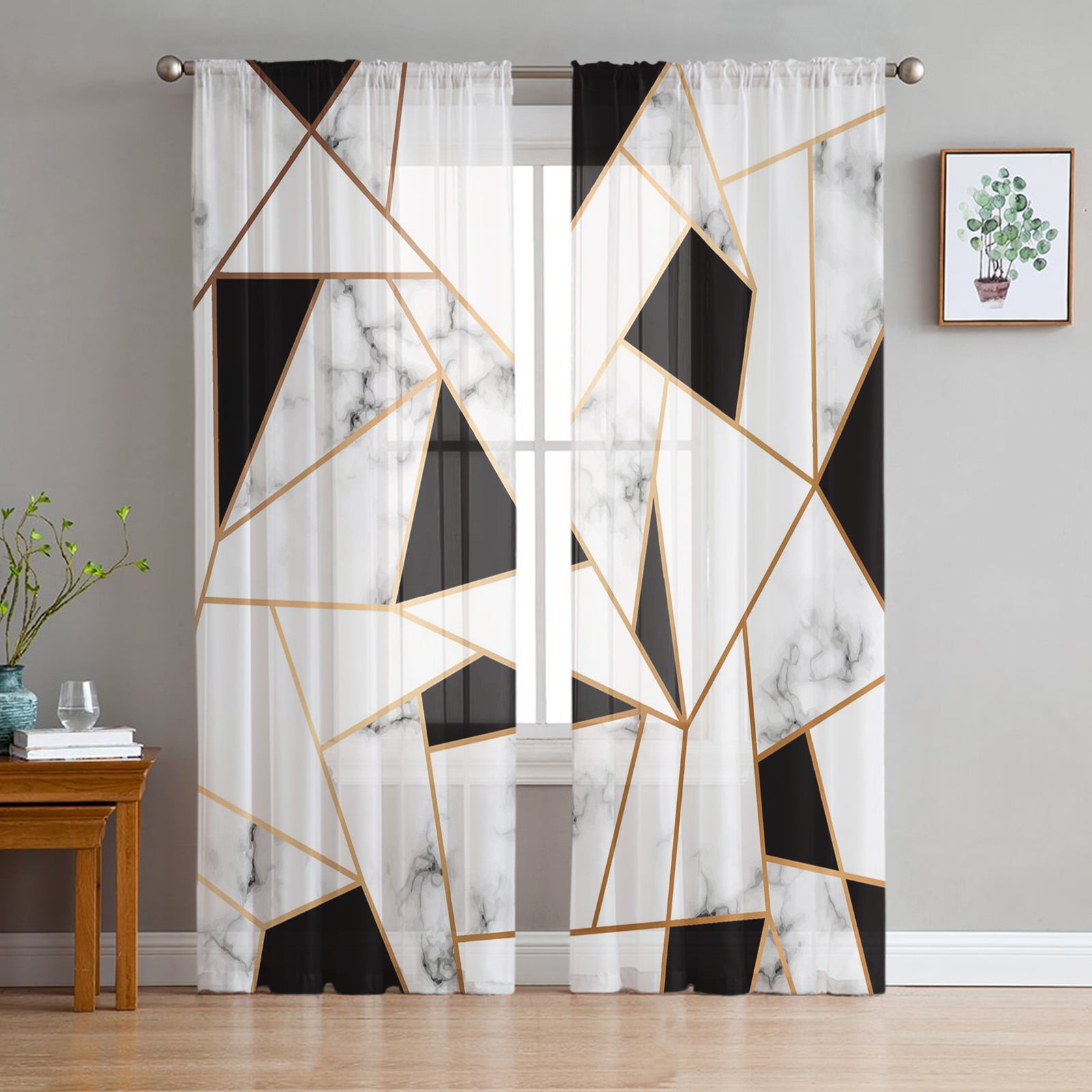 Dark Green Triangle Irregular Graphic Chiffon Sheer Curtains for Living ...