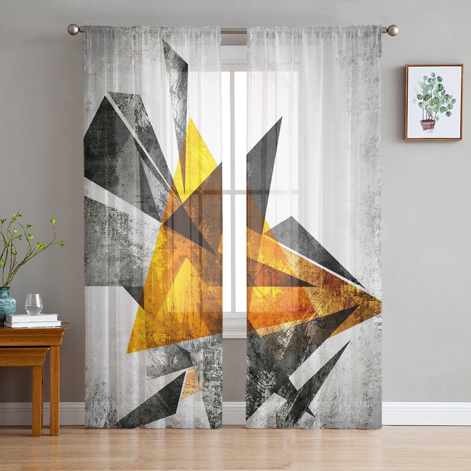 Dark Green Triangle Irregular Graphic Chiffon Sheer Curtains for Living ...