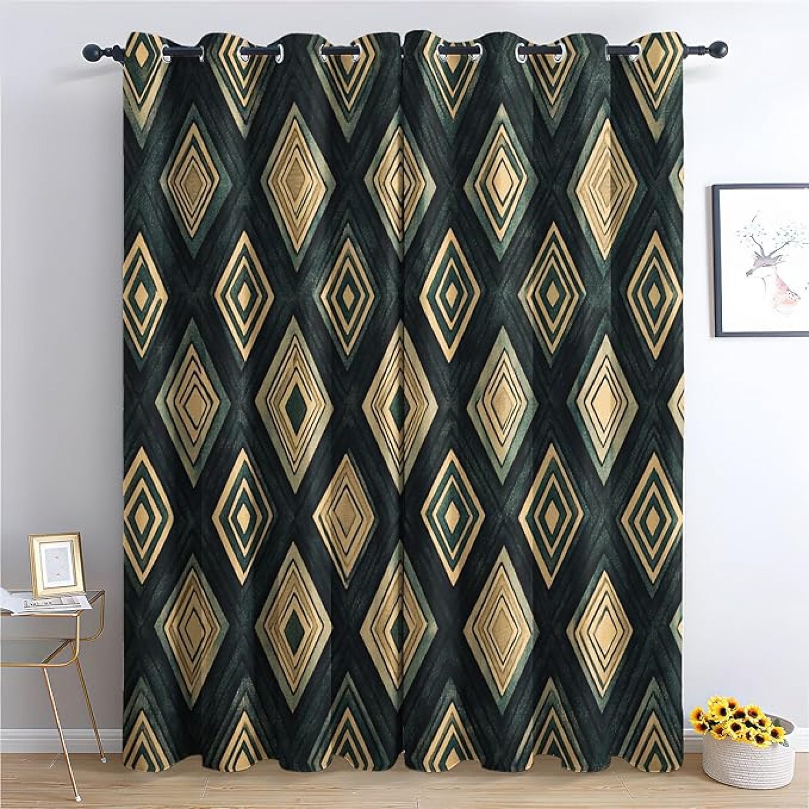 Dark Green Tribal Blackout Curtains Set, Geometric Diamond Patterned ...