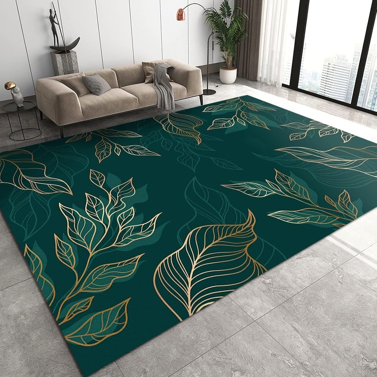Dark Green Tropical Palm Plant Carpet, Abstract Luxury Gold Thread ...