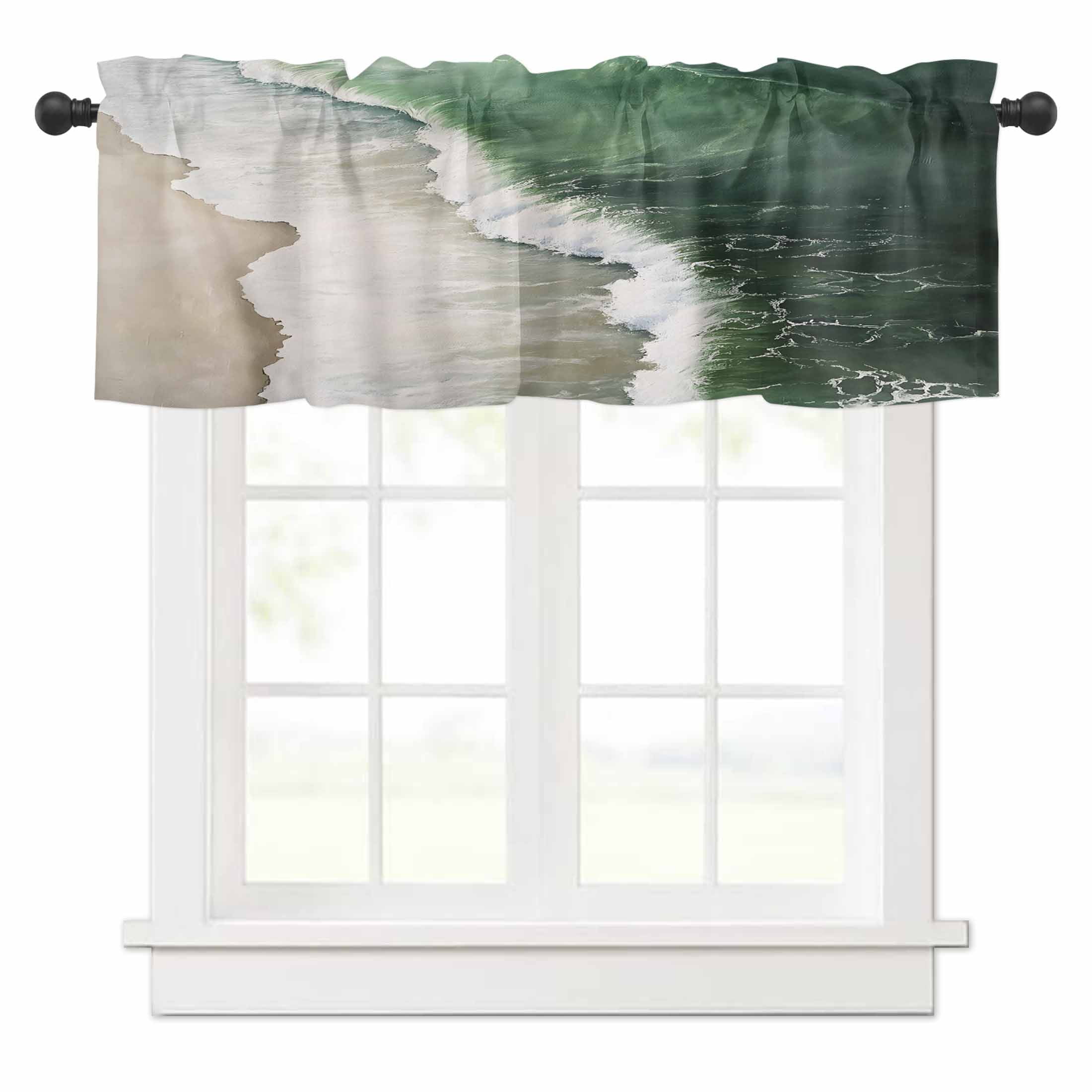 Dark Green Valances for Windows Ocean Wave Beach Scenery Modern Art Rod ...