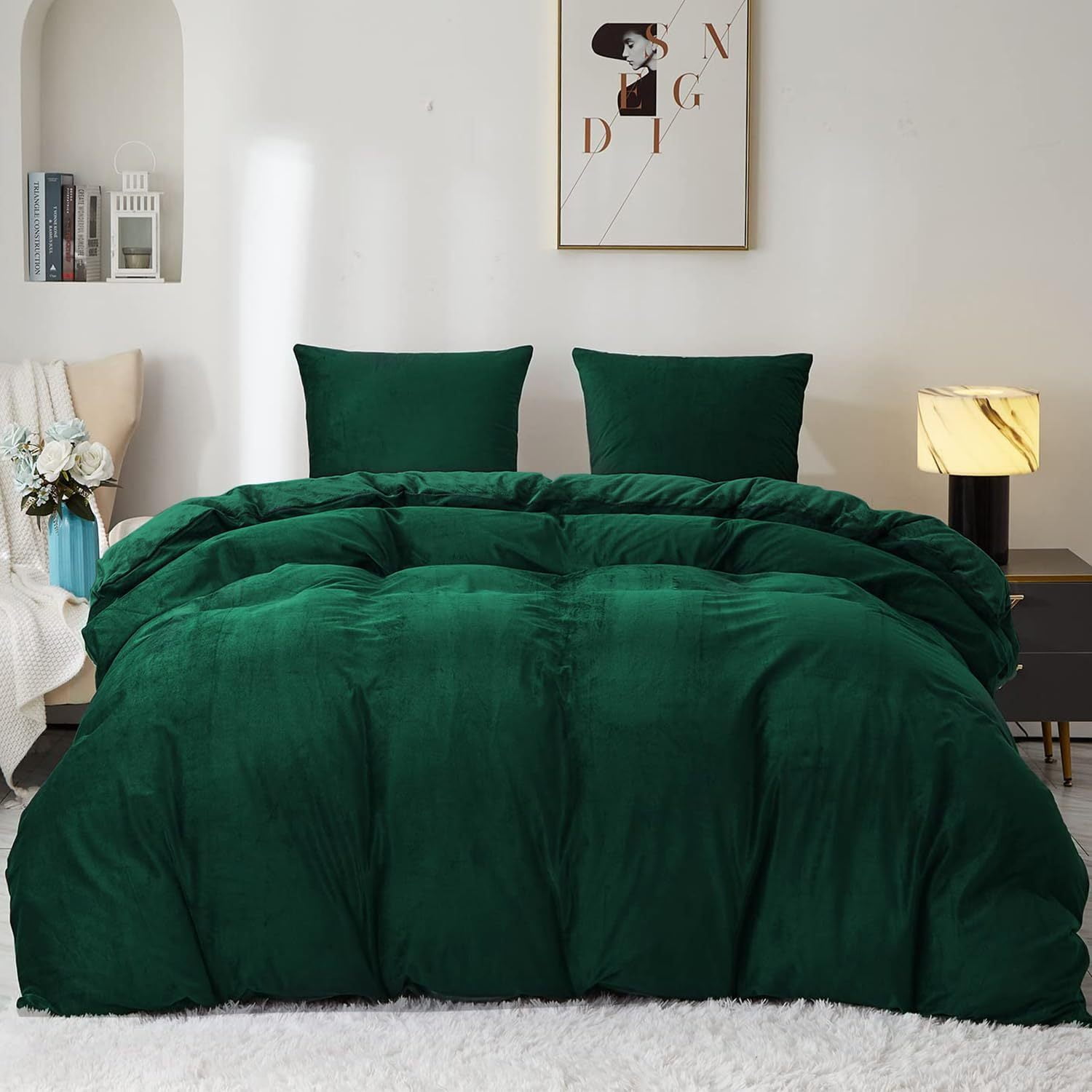Dark Green Velvet Duvet Cover Set Full Size Hunter Green Luxury Flannel Crystal Velvet Bedding ...