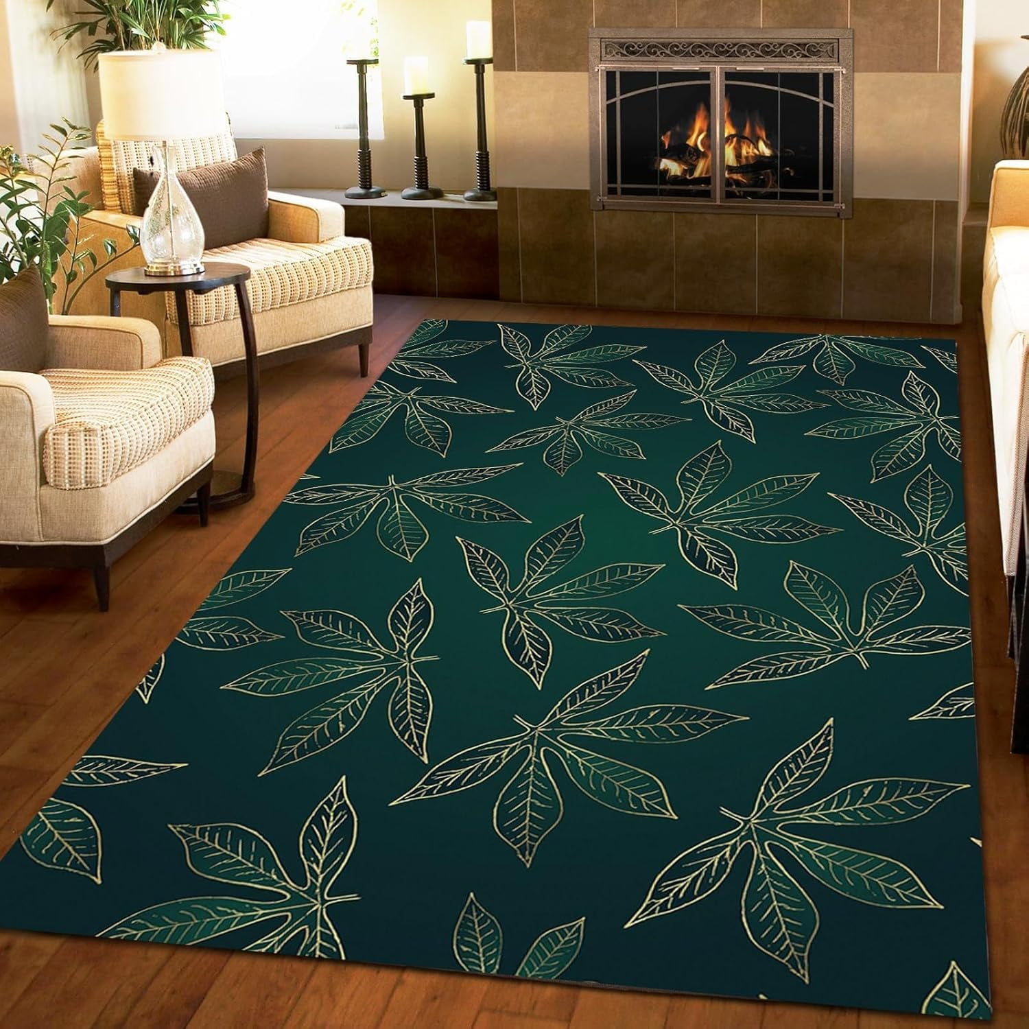 Dark Green Weeds Hemp Leaves Indoor Area Rugs, Retro Plant Golden Fan ...