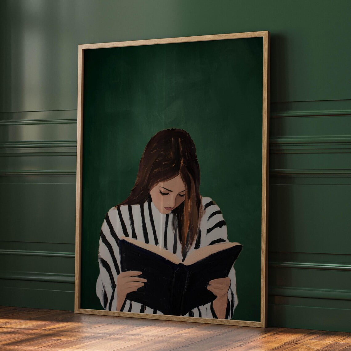 Dark Green Woman Reading Wall Art, Moody Reading Nook Decor, Stripe ...
