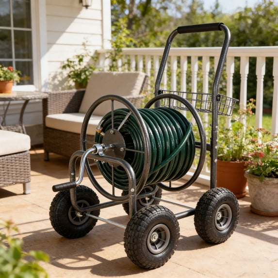 Dark Grey 4 Wheels Portable Garden Hose Reel Cart with Storage Basket ...