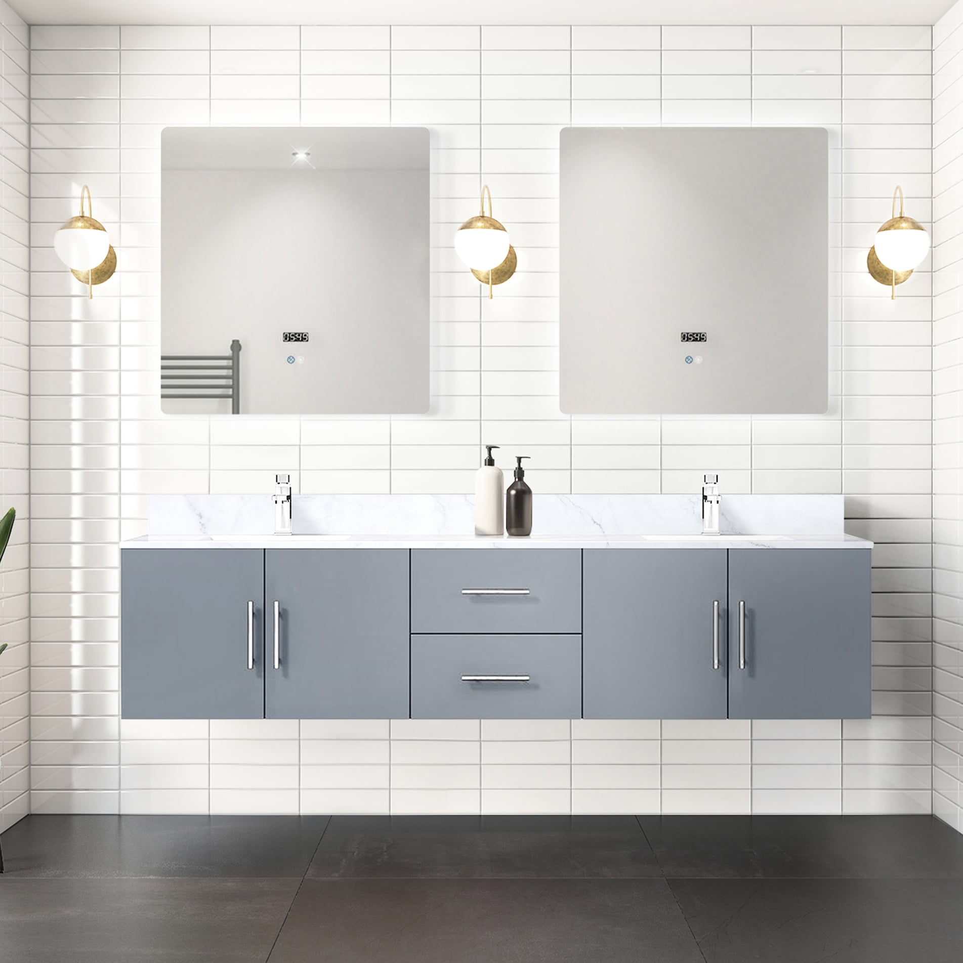 Dark Grey 80 In. W Bath Vanity With Marble Top And 30 Led Mirrors ...