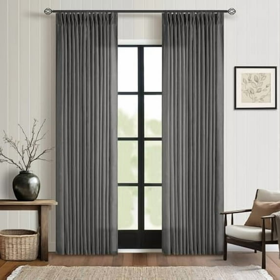 Dark Grey 80 Inch Pinch Pleated Linen Curtains 2 Panel Set for Living ...