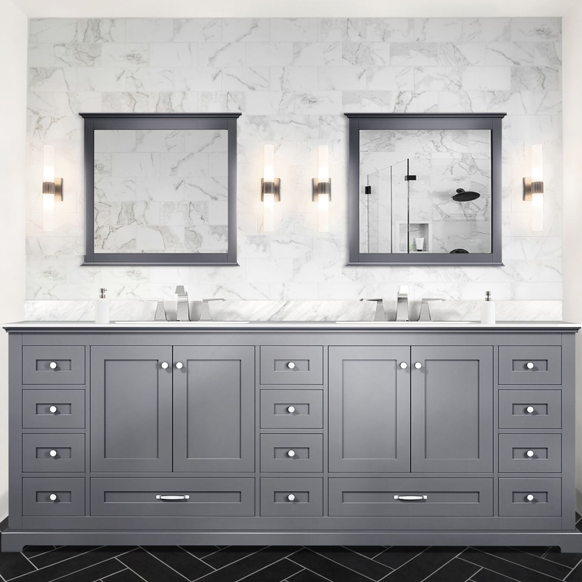 Dark Grey 84" Double Bath Vanity - Two Cabinets, Fourteen Drawers & Open Shelf For Efficiency ...