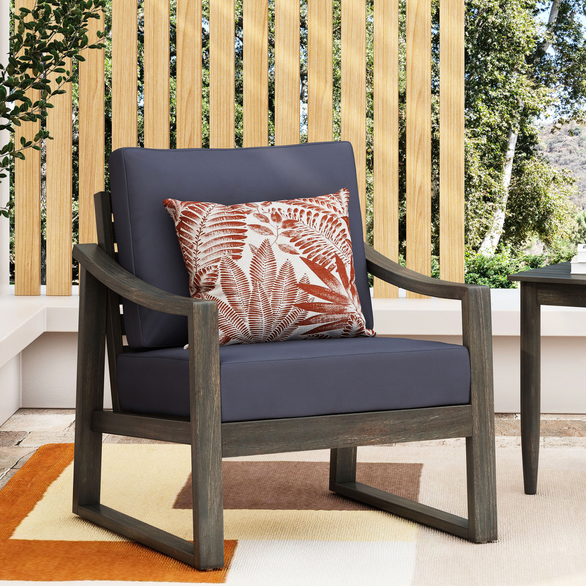 Dark Grey Acacia Wood Club Chair with Slat Paneling and Sloped Arms ...