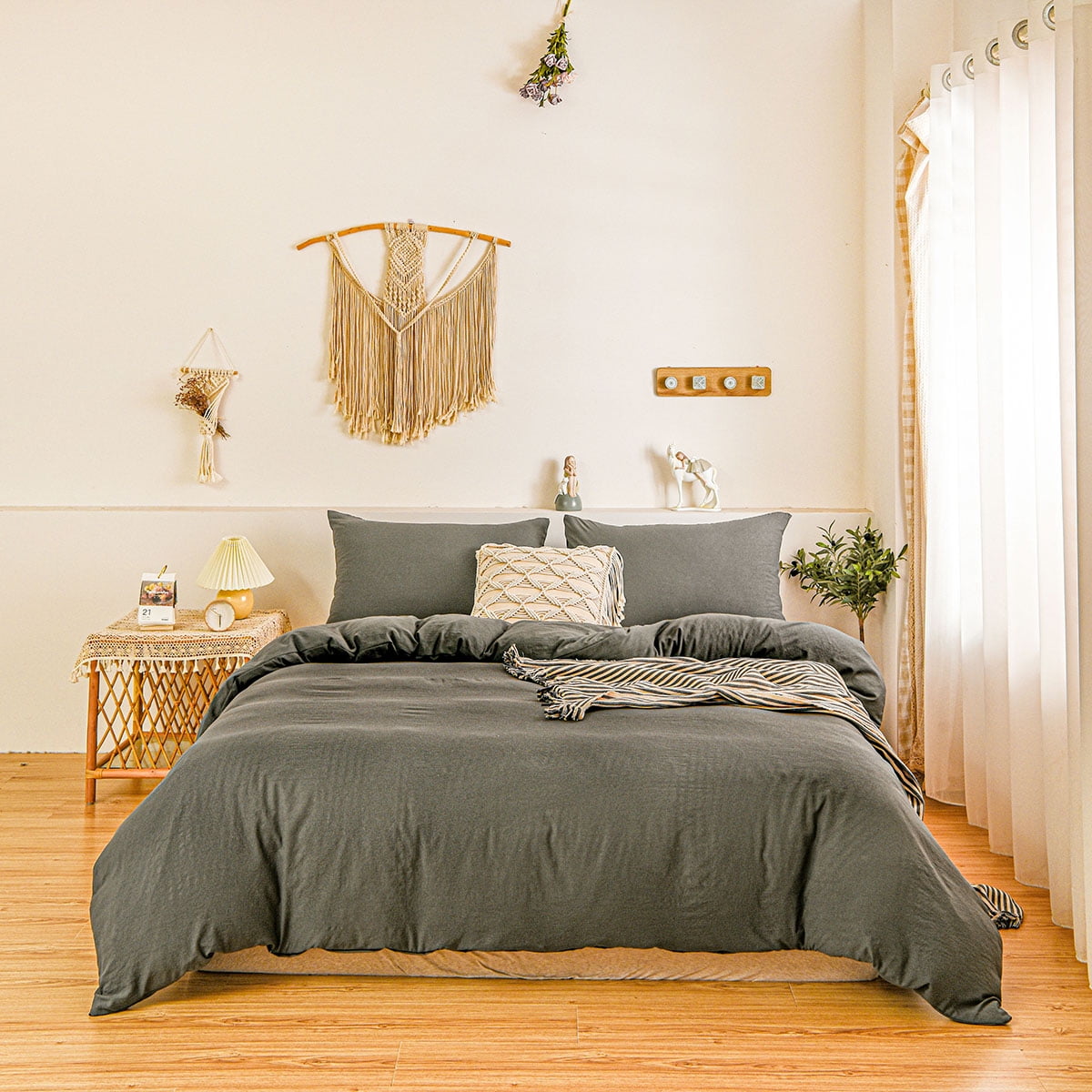 Dark Grey Bedding Sets King Grey Duvet Cover Set Solid Pattern Washed ...