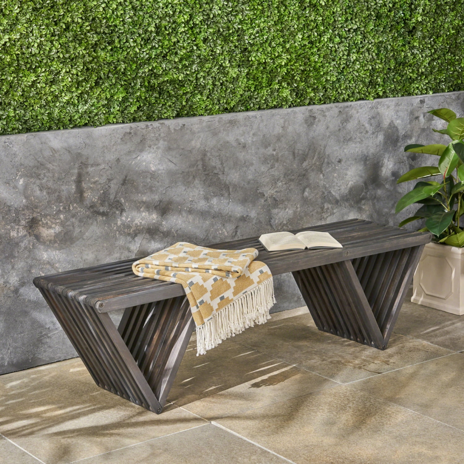 Dark Grey Bench Solid Acacia Wood 63Inch Outdoor Slat Design Bench for ...