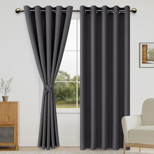 Dark Grey Blackout Curtains for Bedroom with Tiebacks - Thermal ...