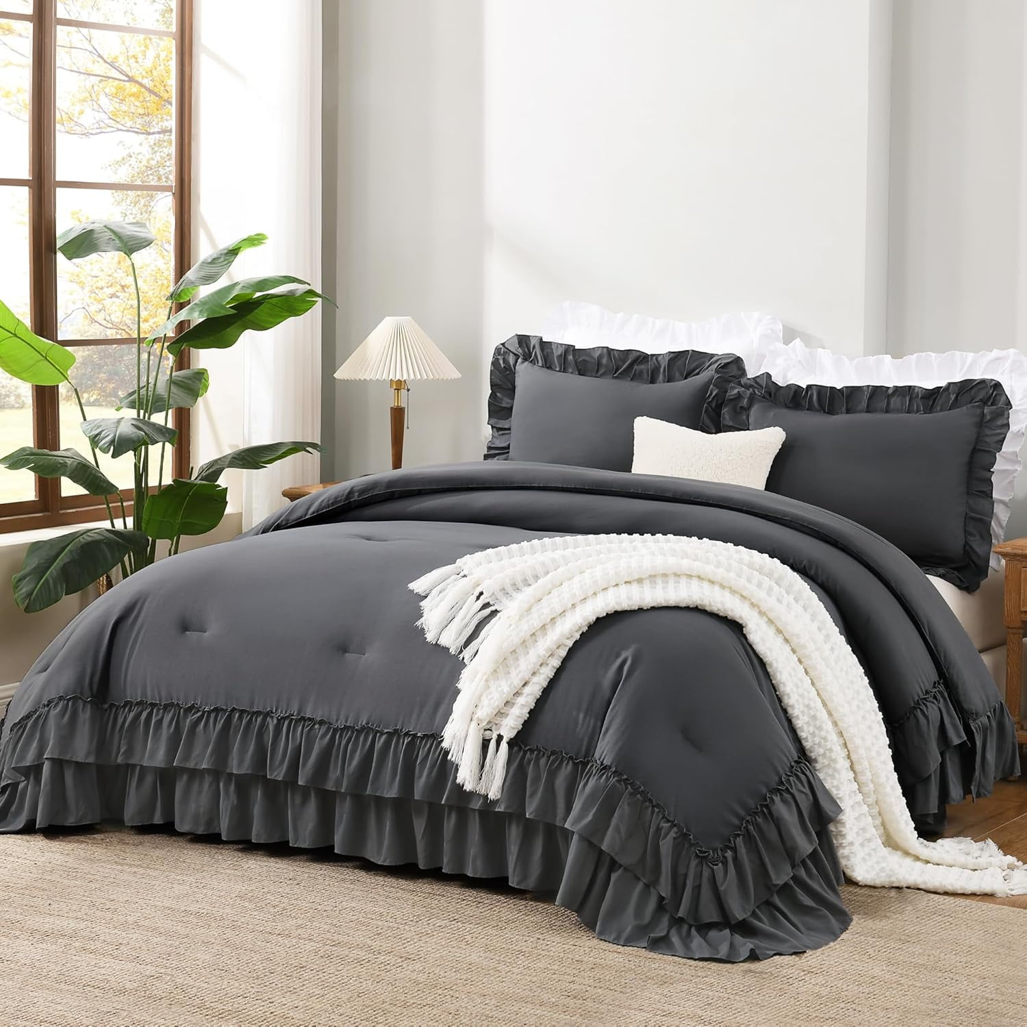 Dark Grey Comforter Set Full, Gray Ruffle Shabby Chic Bedding Comforter ...