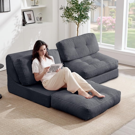 Dark Grey Corduroy Folding Sofa Bed With Adjustable Back, Oversized ...