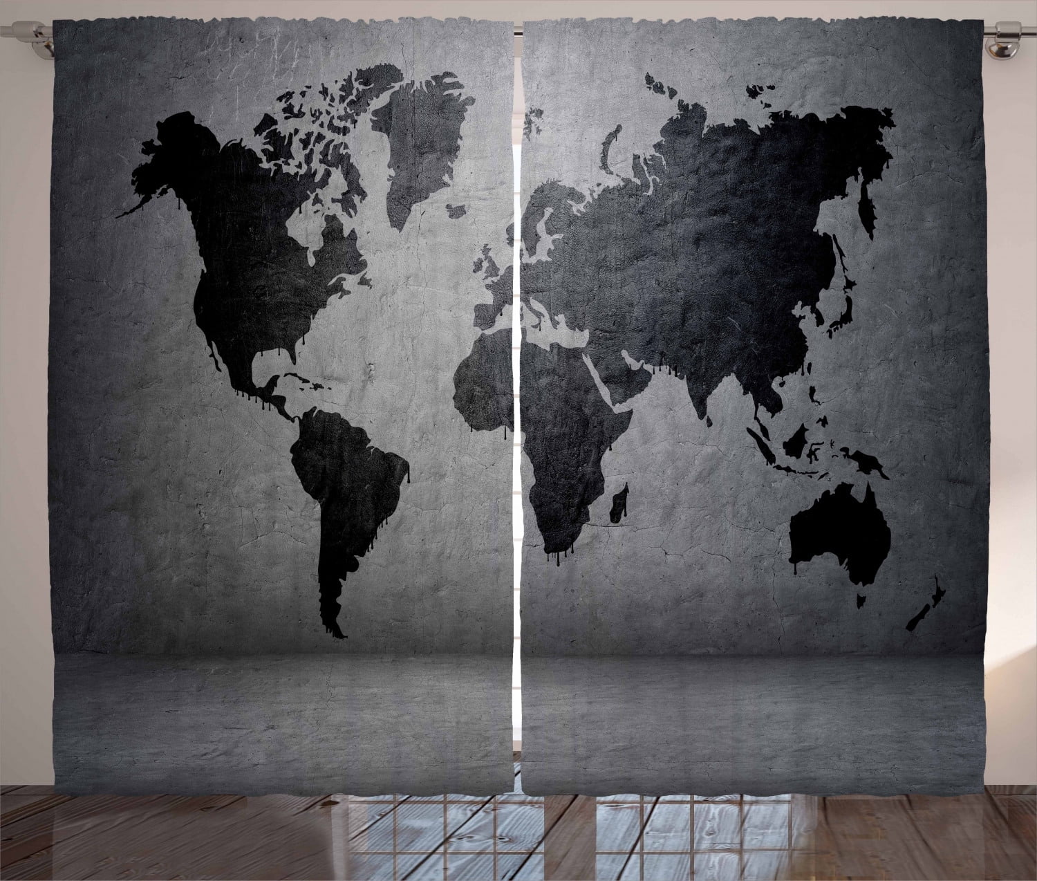 Ambesonne Dark Grey Curtains 2 Panel Set, World Map on Wall, 108" x 90 ...