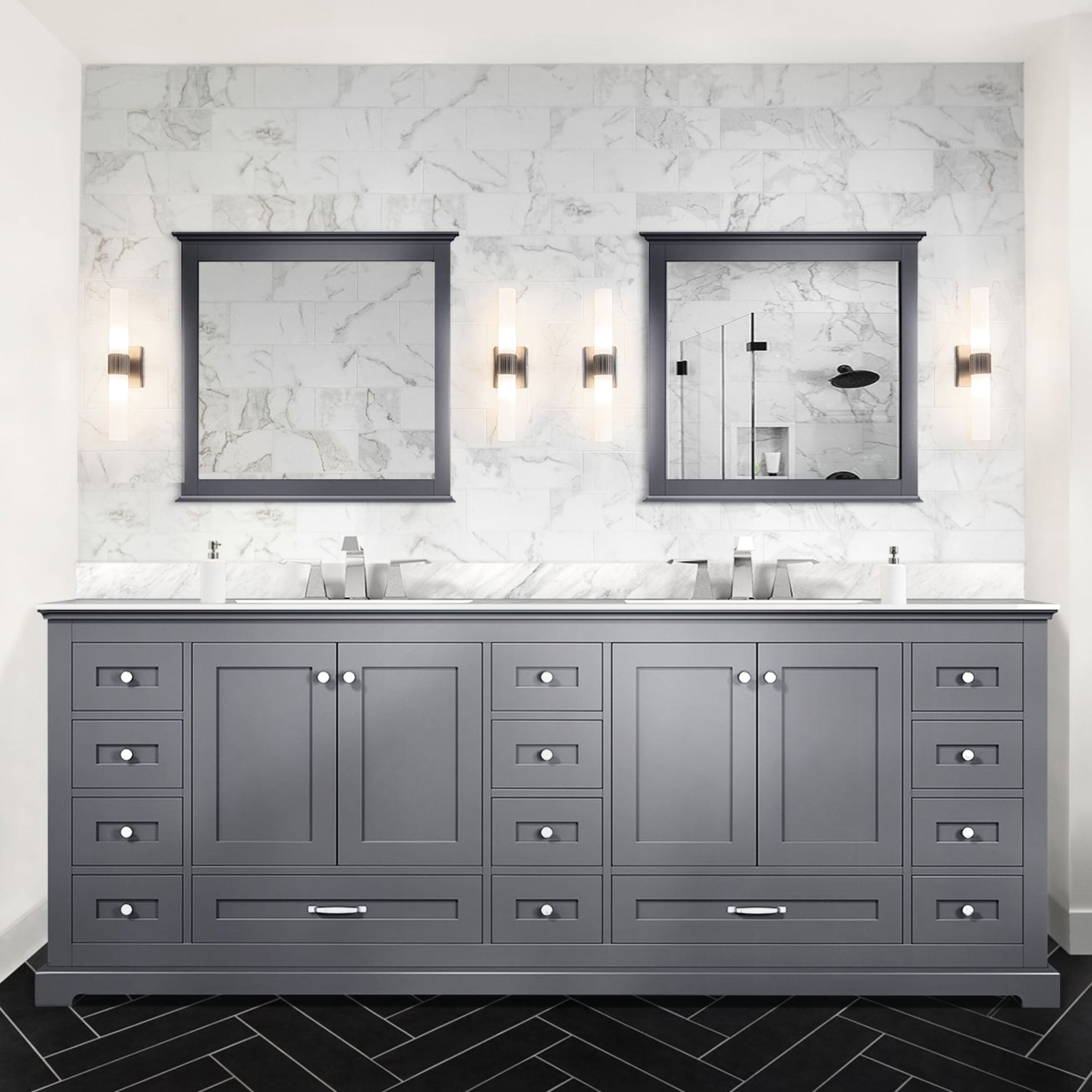 Dark Grey Double Bath Vanity With Marble Top And 34 In. Mirrors ...