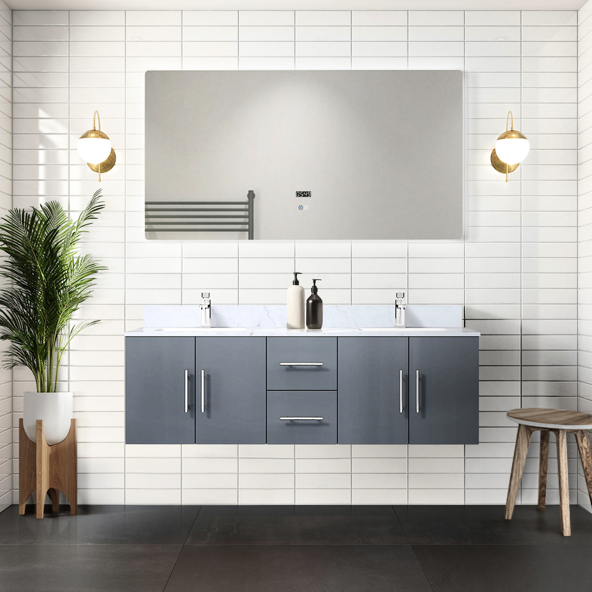 Dark Grey Double Bath Vanity With Marble Top - 60 In. W X 22 D, Solid ...