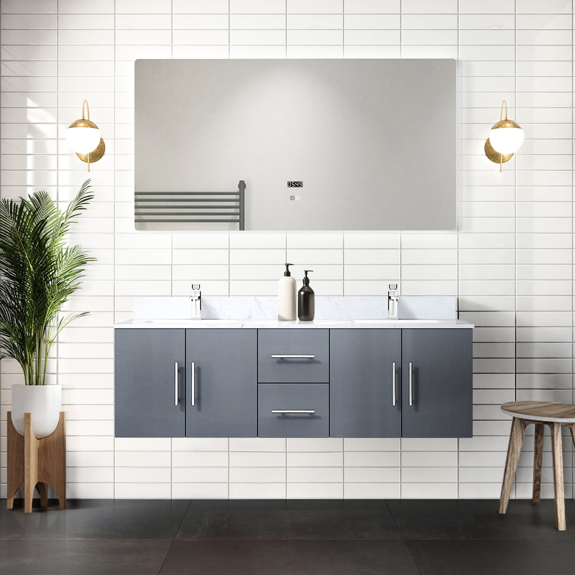 Dark Grey Double Bath Vanity With Marble Top - 60 In. W X 22 D, Solid ...