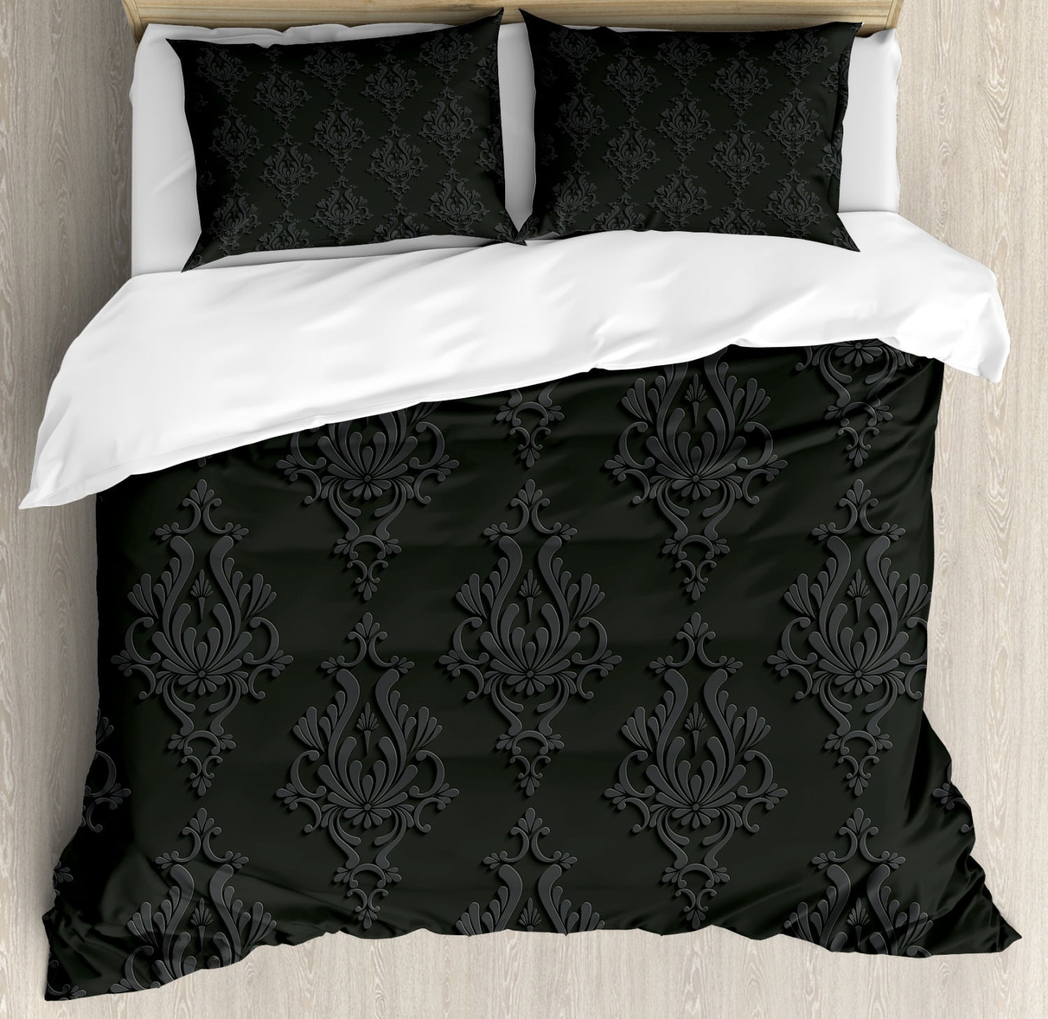 Dark Grey Duvet Cover Set King Size, Antique Damask Pattern in 3D Style ...