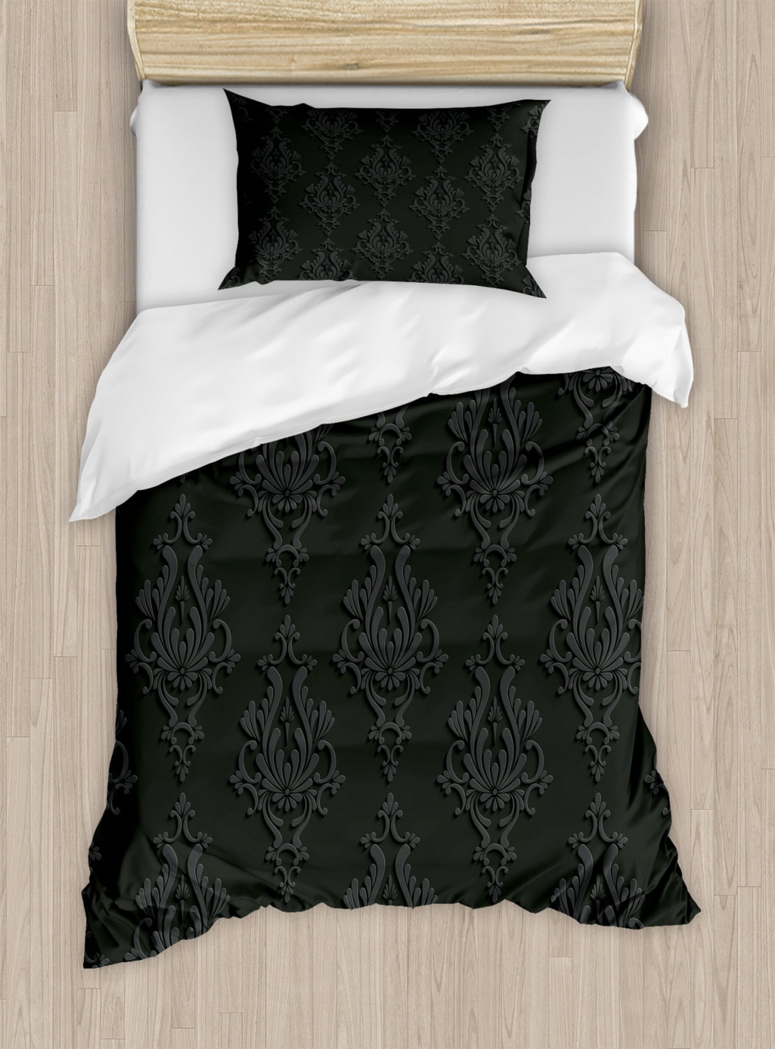 Dark Grey Duvet Cover Set Twin Size, Antique Damask Pattern in 3D Style ...