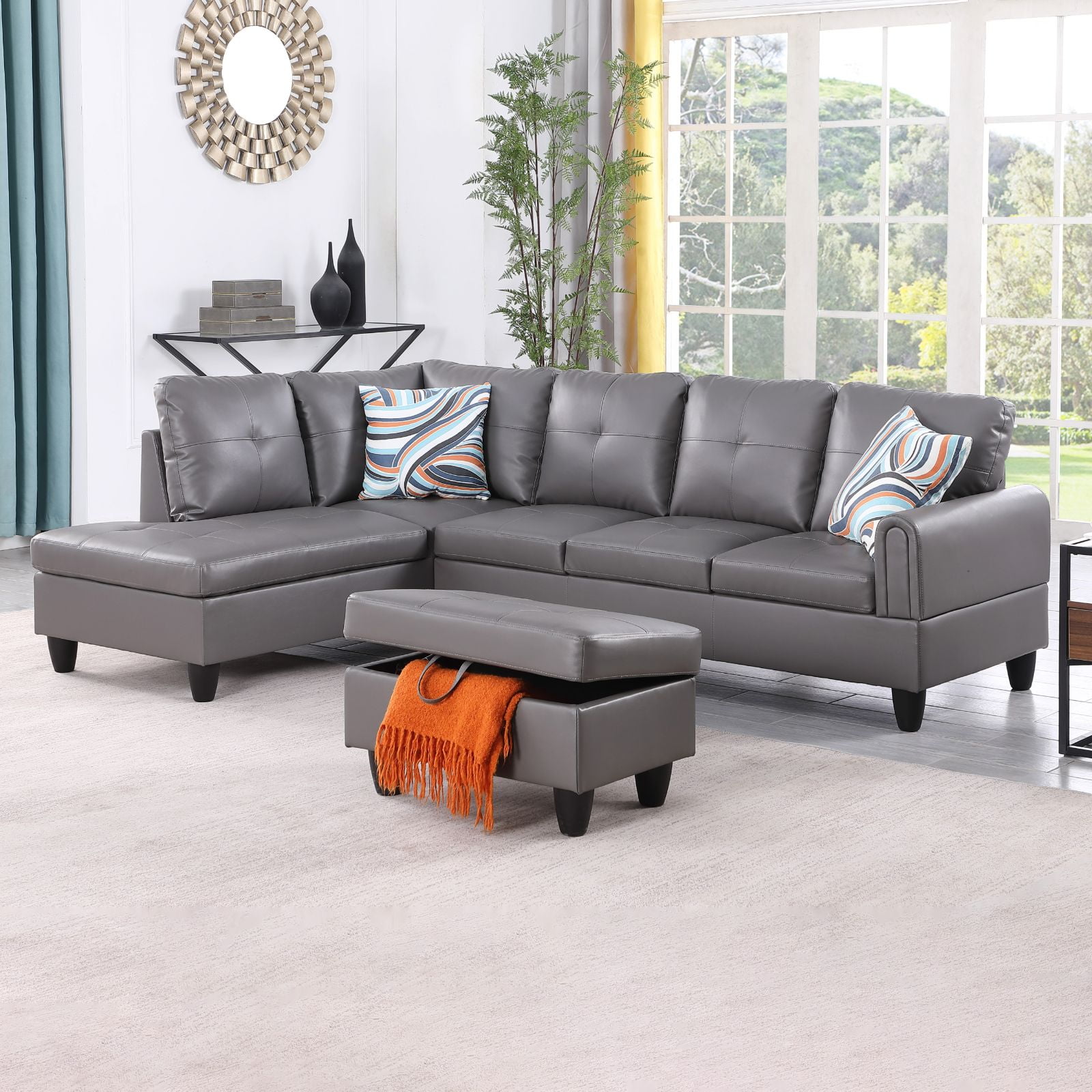 Dark Grey Faux Leather Living Room Sofa Set - Walmart.com
