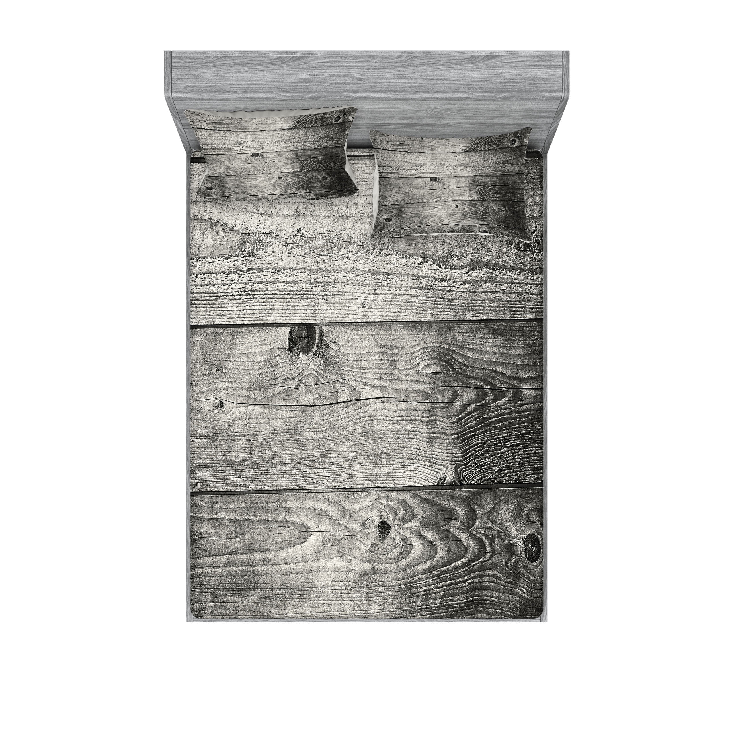 Dark Grey Fitted Sheet & Pillow Sham Set, Ombre Style Grunge Wooden ...