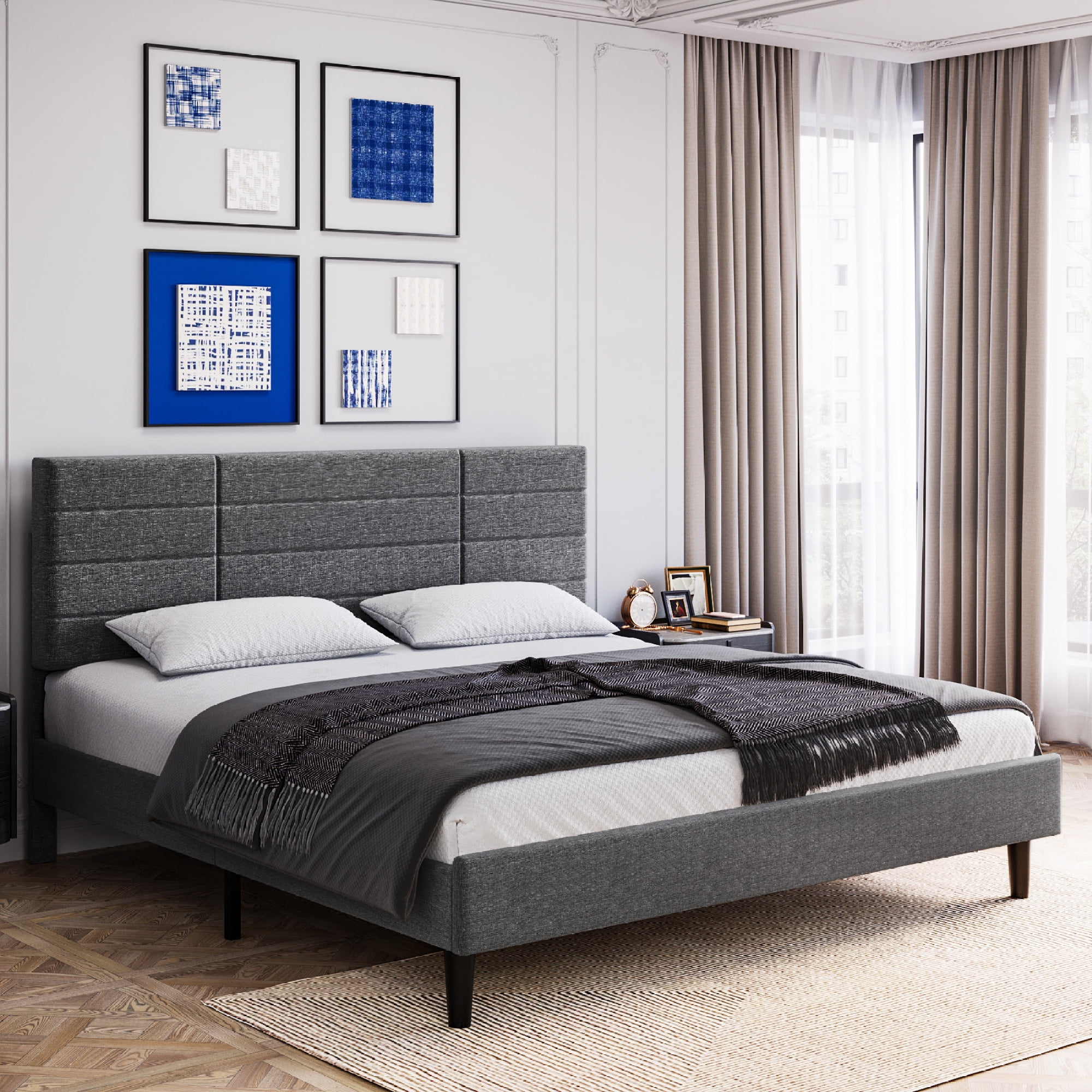 Dark Grey Full Size Bed Frame with Upholstered Headboard, Strong Frame ...