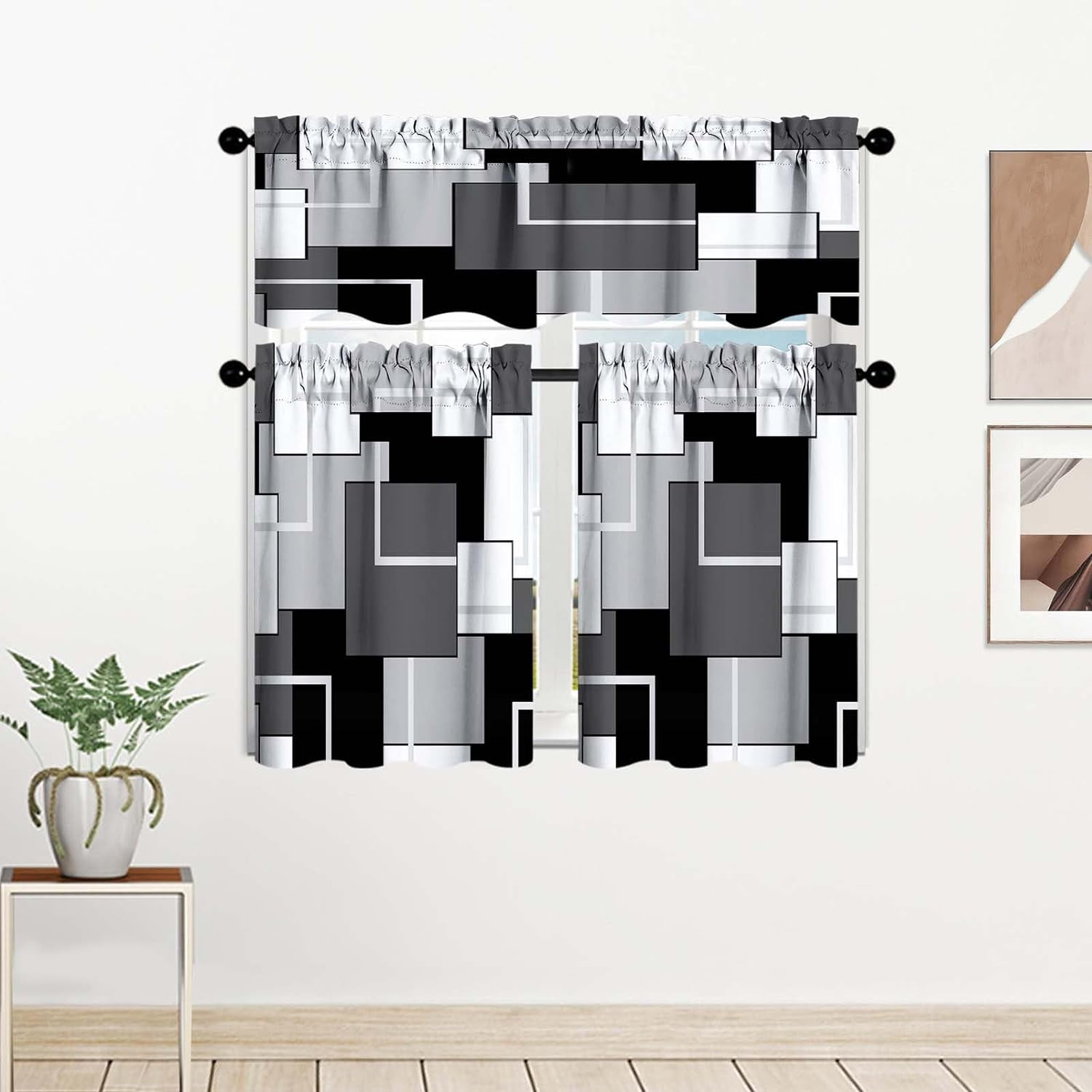 Dark Grey Kitchen Curtain Valance and Tiers, 3Pcs Geometric Art Valance ...