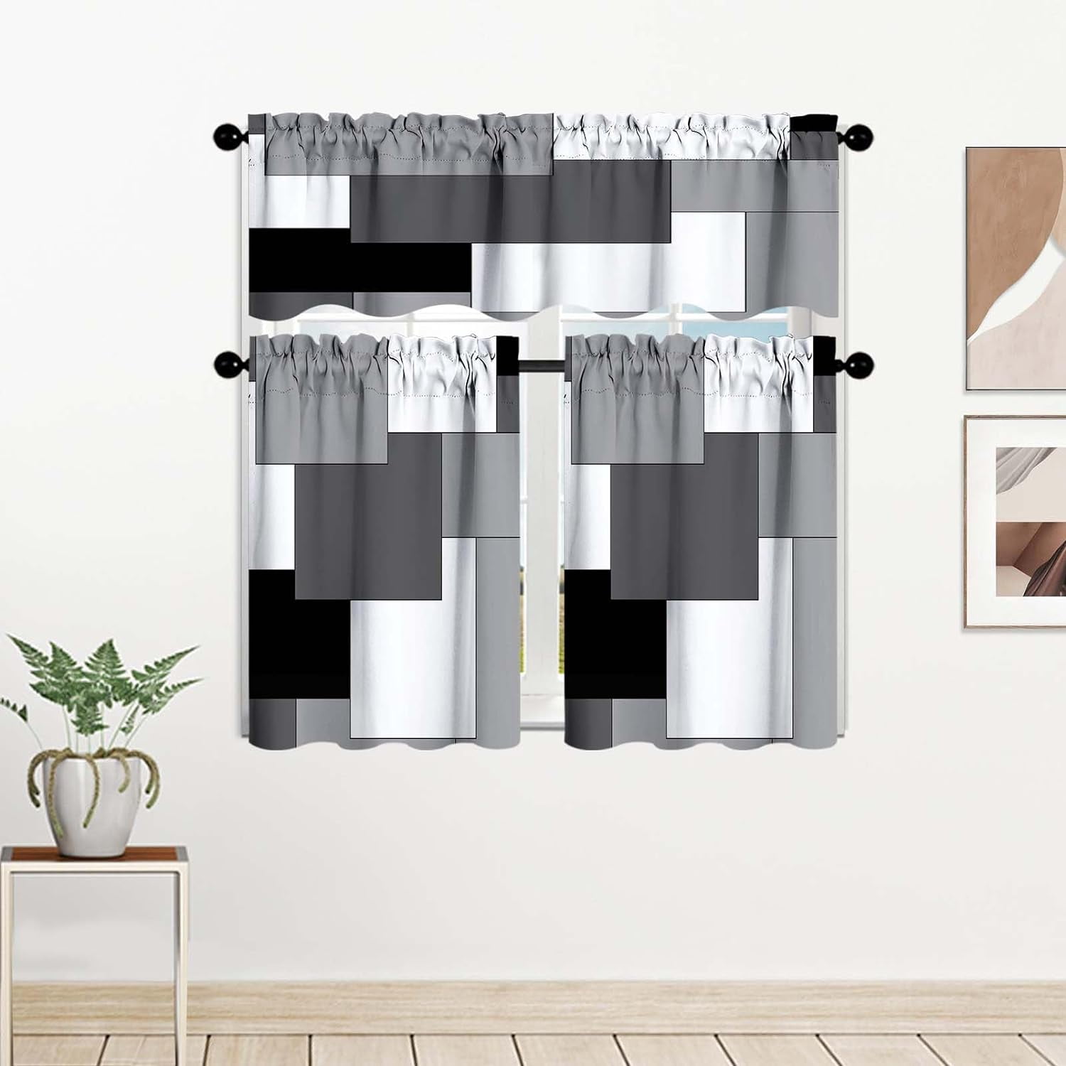Dark Grey Kitchen Curtain Valance and Tiers, 3Pcs Geometric Art Valance ...