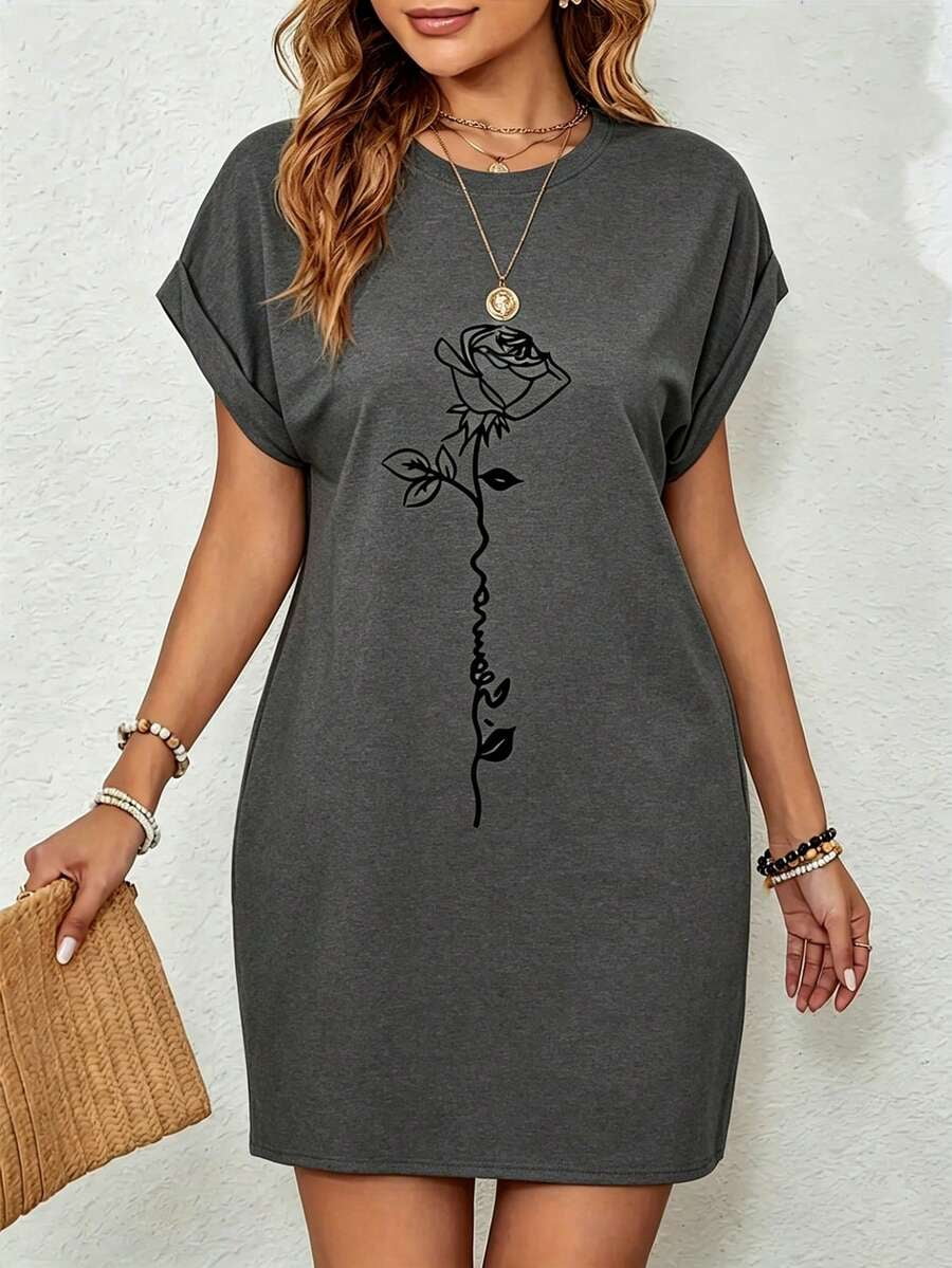 Dark Grey Line Art Rose Print Batwing Sleeve Shirt Dress With Hidden ...