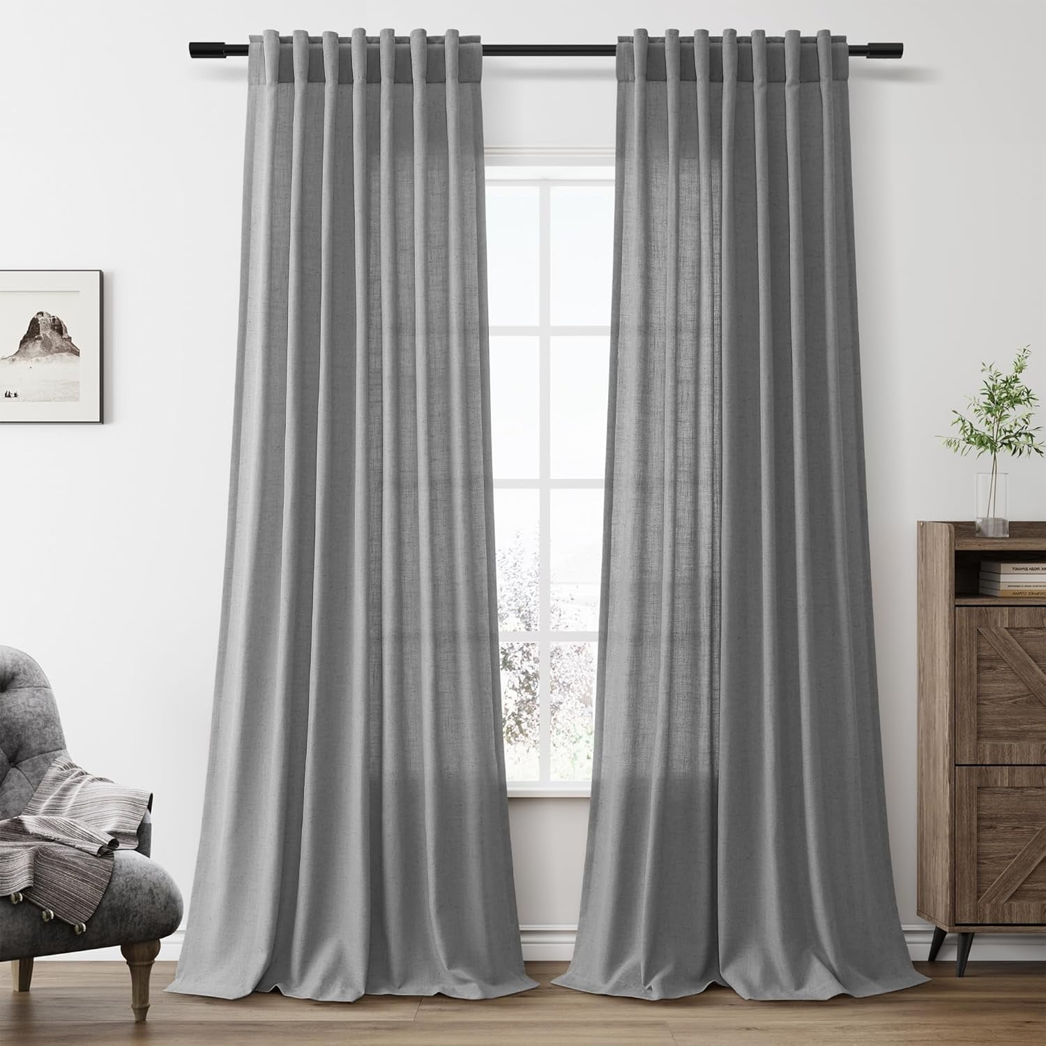 Dark Grey Linen Curtains, 84 Inch Long Neutral Panels, Light Filtering ...
