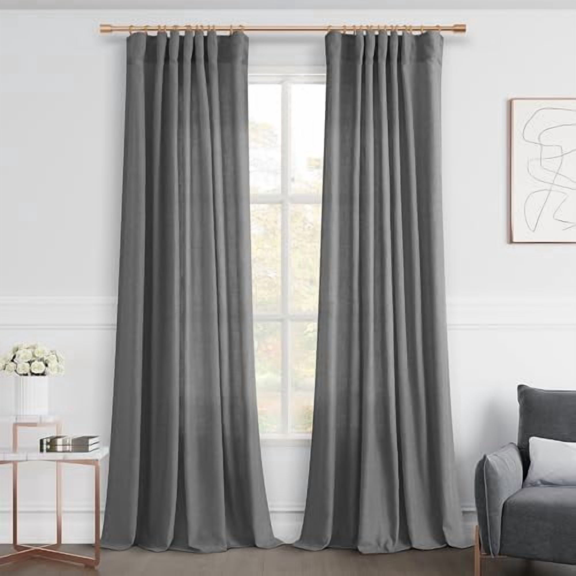 Dark Grey Linen Semi Sheer Curtains 84 Inches Length Light Filtering ...