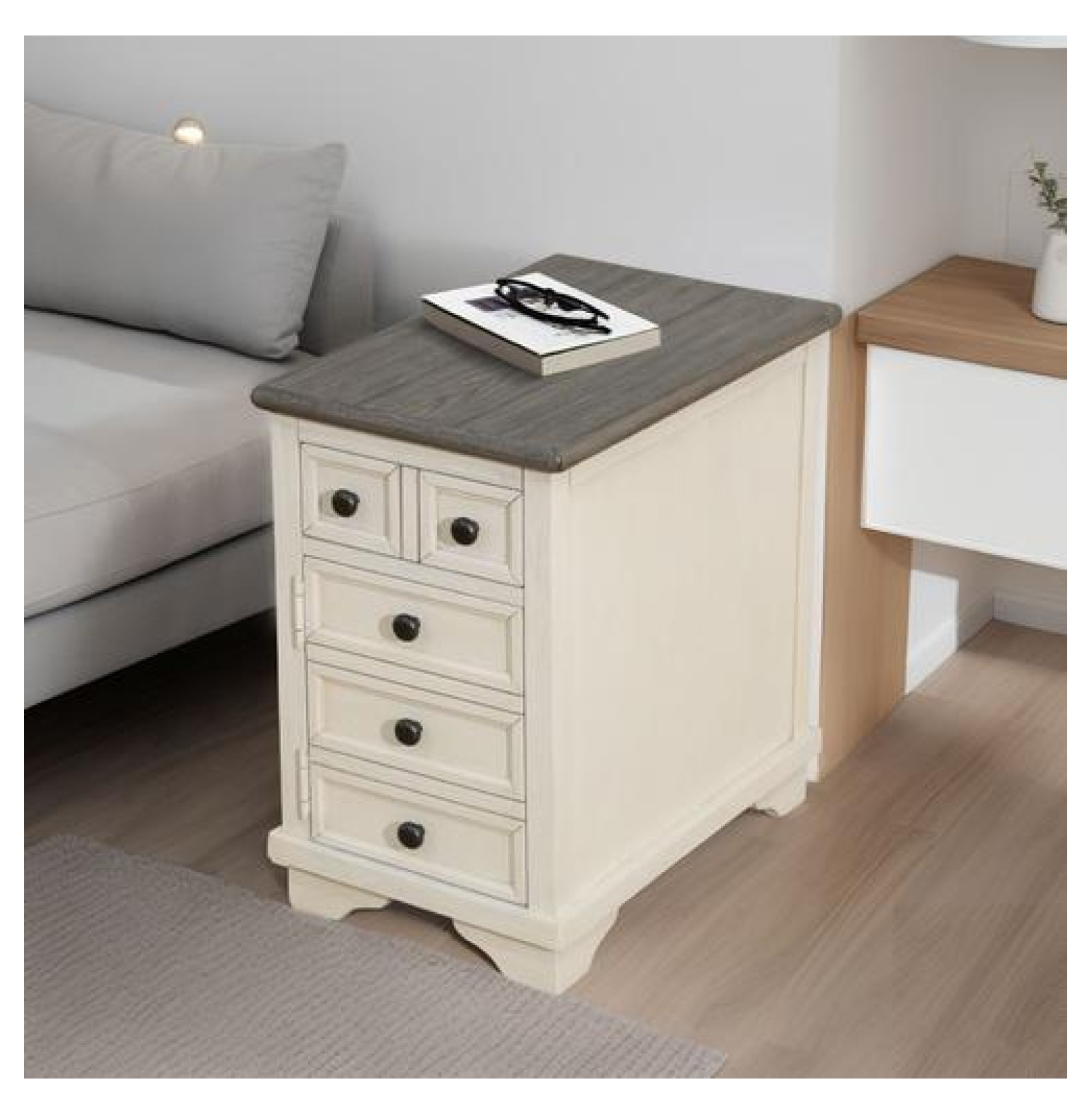 Dark Grey MDF Top and White Oak Drawer Living Room Side Cabinet ...