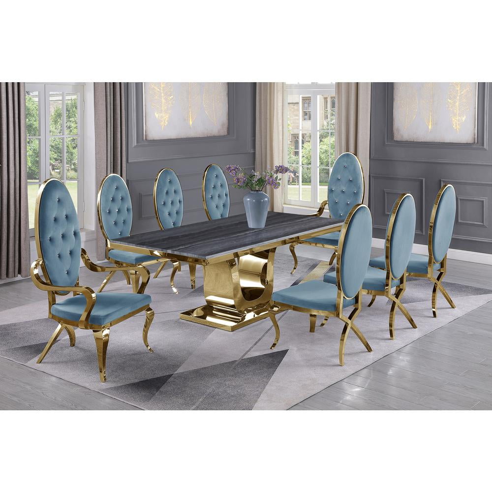 Dark Grey Marble 9pc Set Tufted Faux Crystal Chairs and Arm Chairs in ...