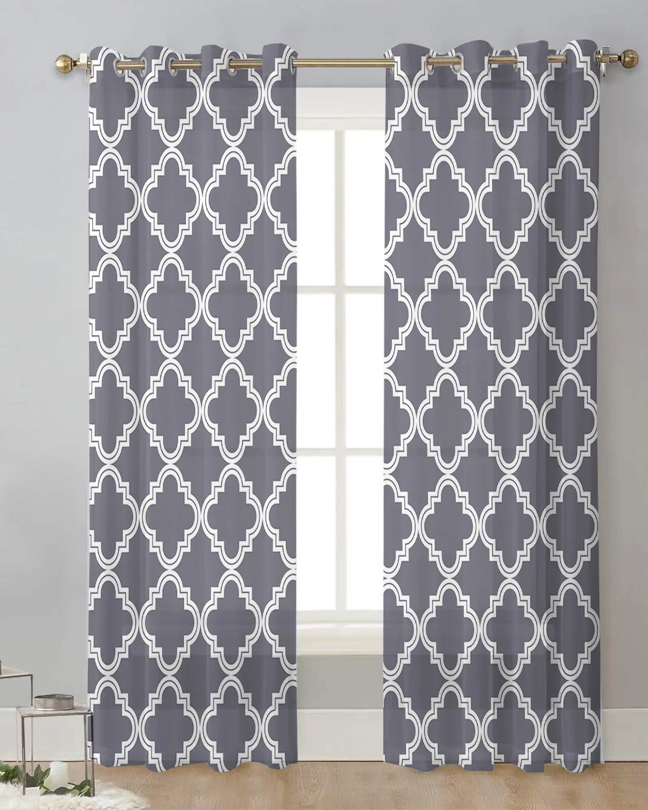 Dark Grey Moroccan Pattern Bedroom Sheer Window Curtains Living Room ...