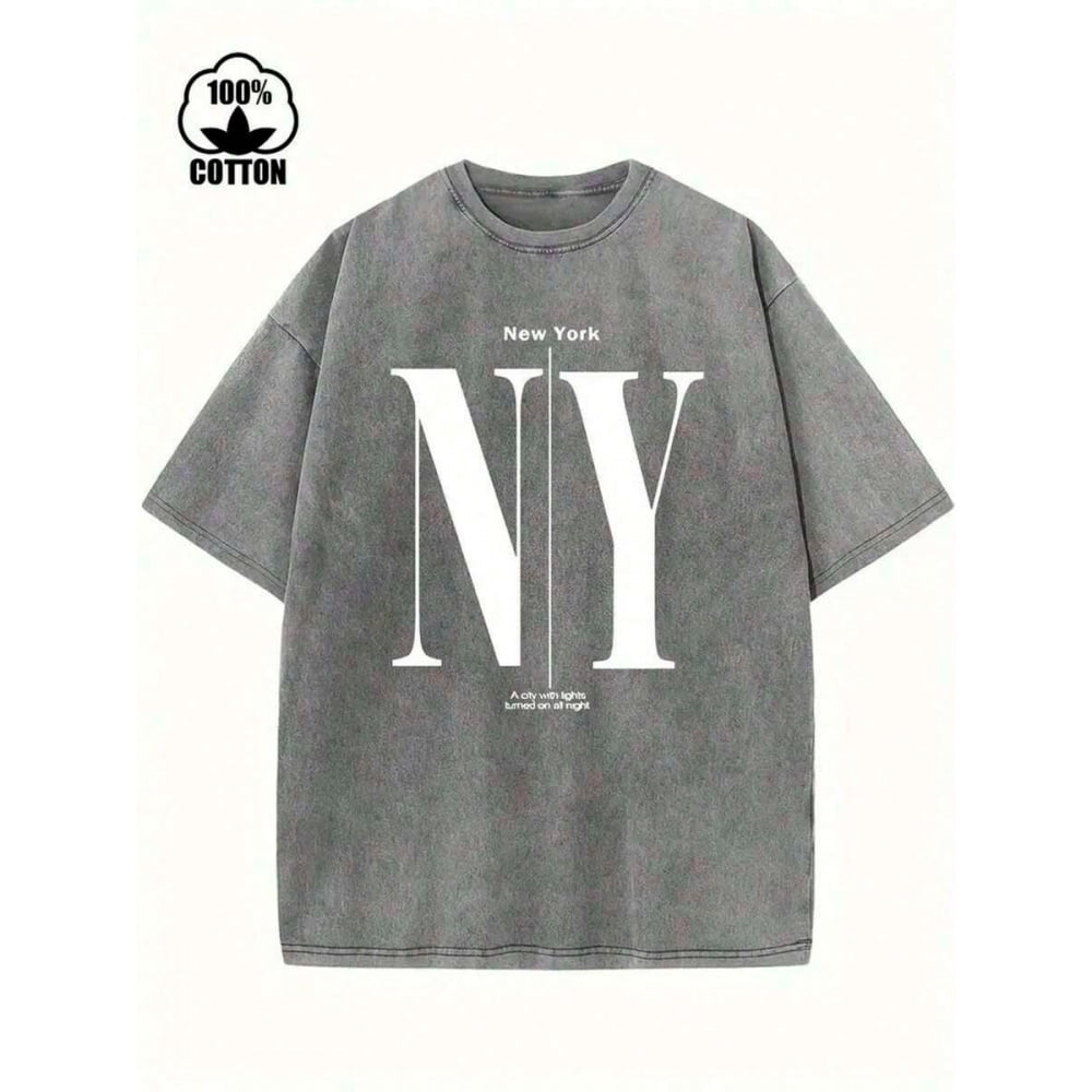 Dark Grey New York Graphic T-Shirt, 100% Cotton Washed Oversized Crew ...
