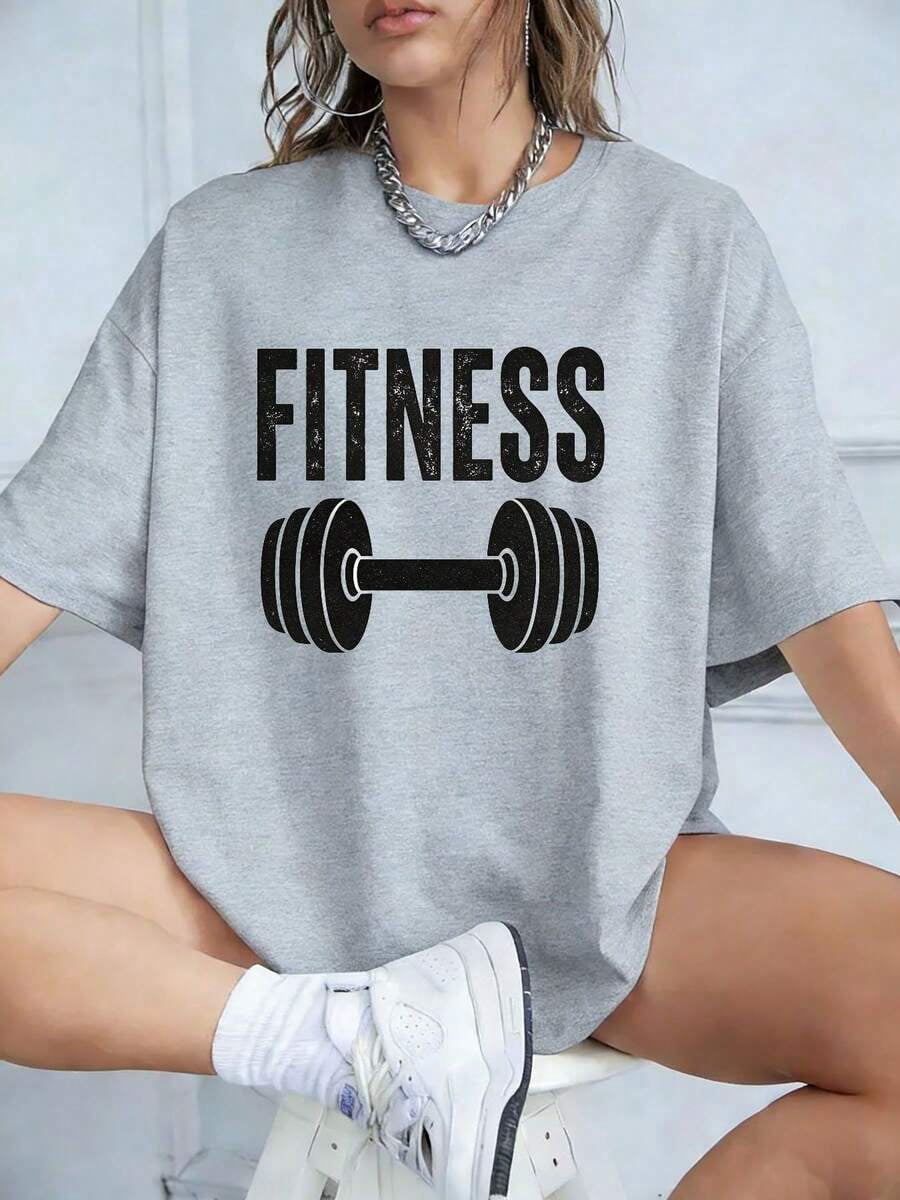 Dark Grey Oversized Cotton Fitness T-Shirt With Distressed Dumbbell ...