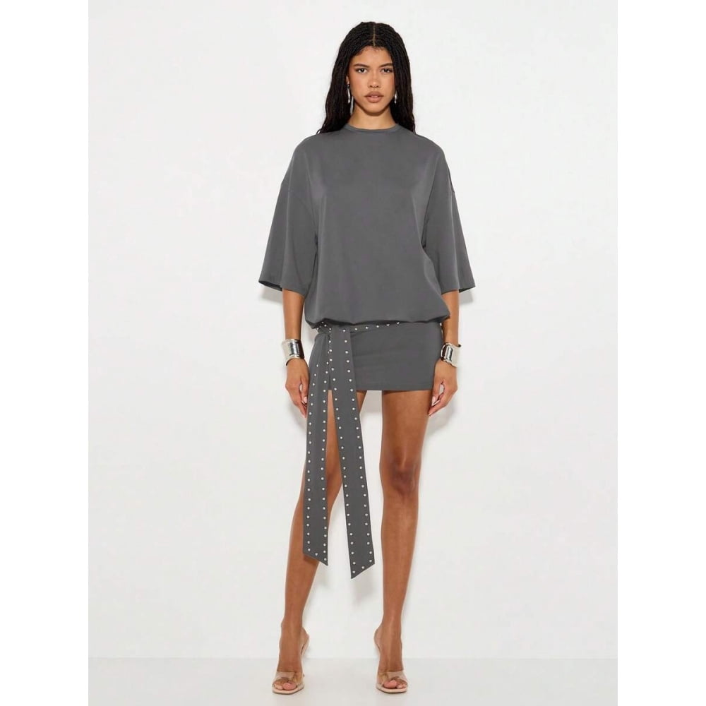 Dark Grey Oversized T-Shirt Mini Dress With Studded Belt And Three ...