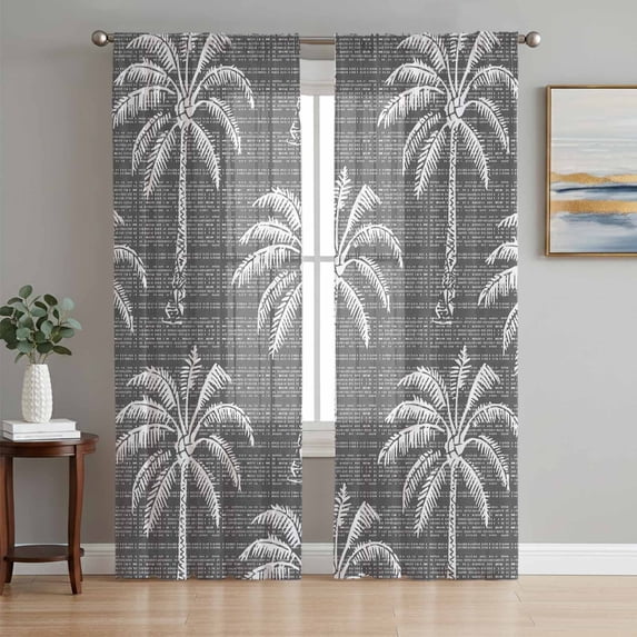 Dark Grey Palm Tree Sheer Curtains 84 Inch Length 2 Panels Set, Summer ...