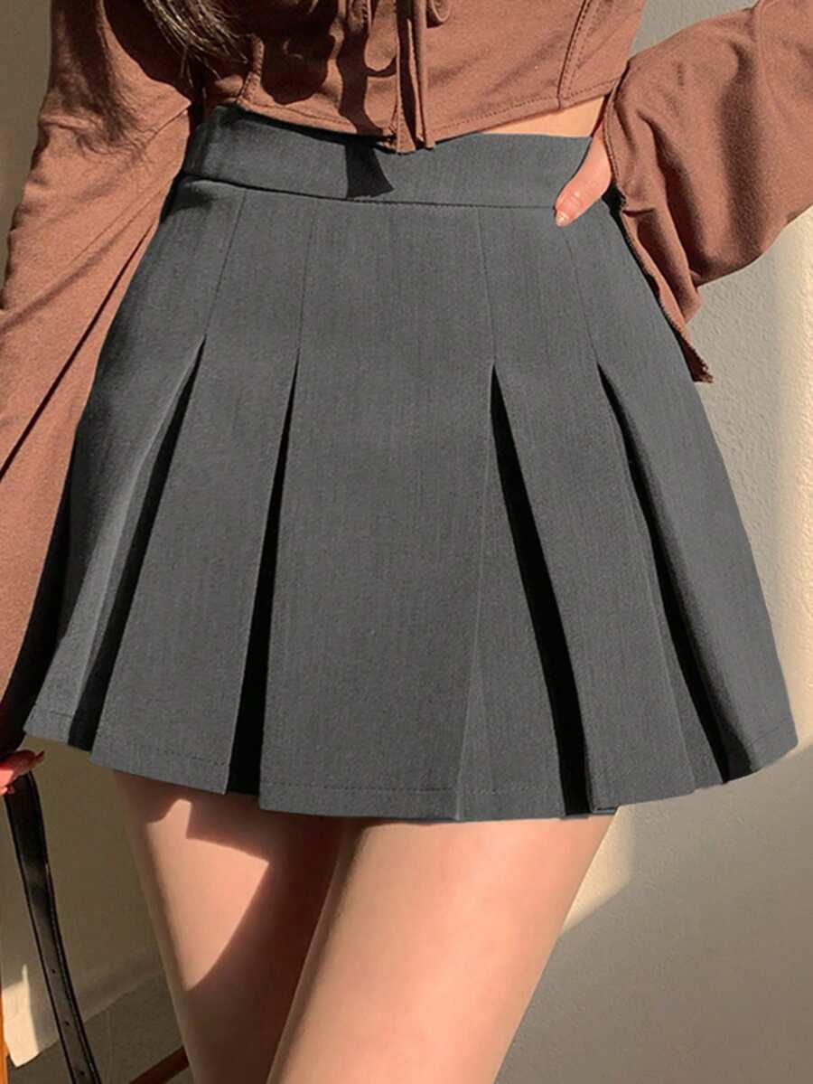 Dark Grey Pleated A-Line Mini Skirt For Women, Academic Style Fall ...