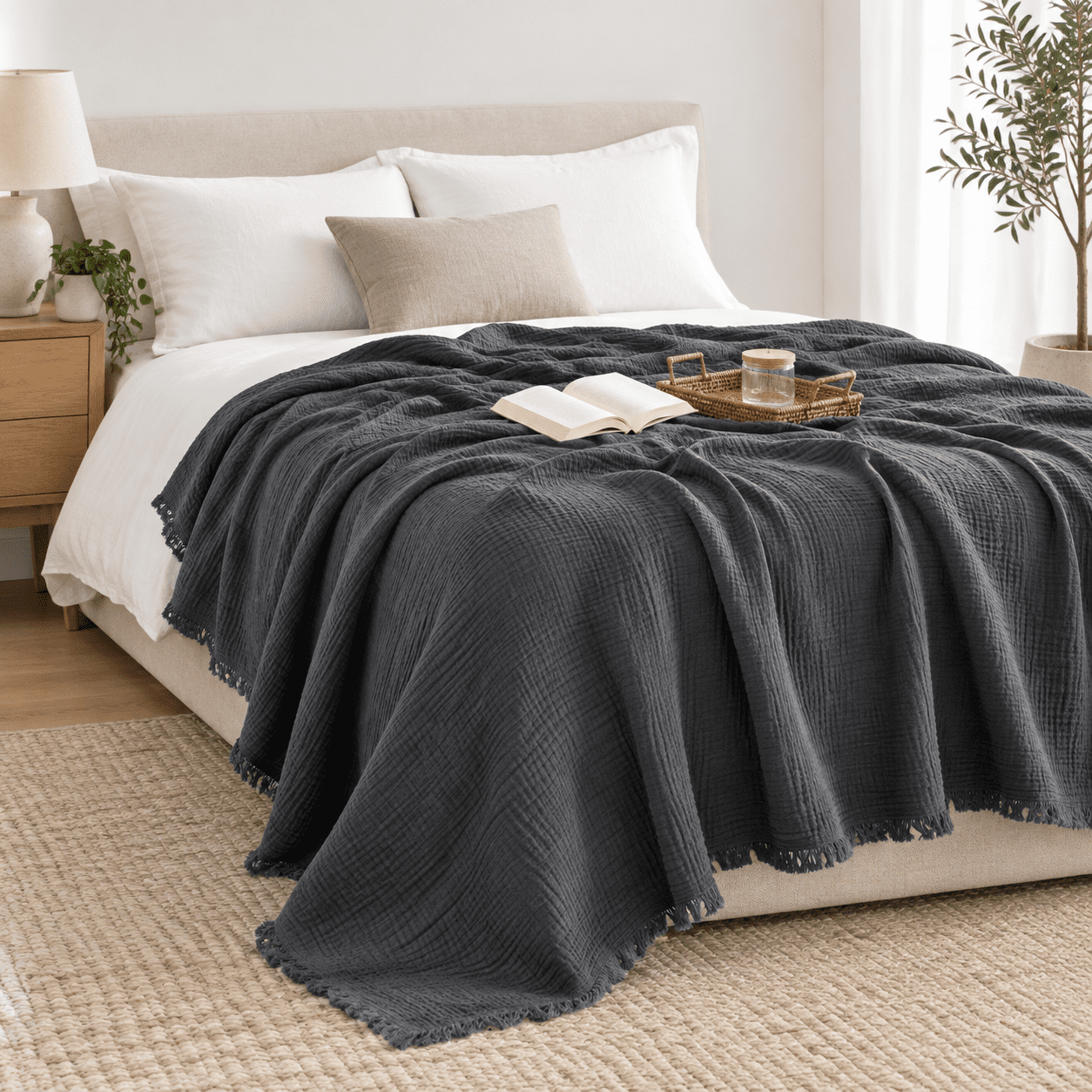 Dark Grey Queen 4-Layer Gauze Fringed Cotton Bed Throw Blanket ...