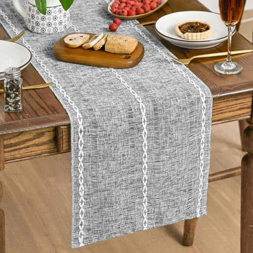 Dark Grey Rustic Cotton Linen Table Runner, Seasonal Embroidered Hollow ...