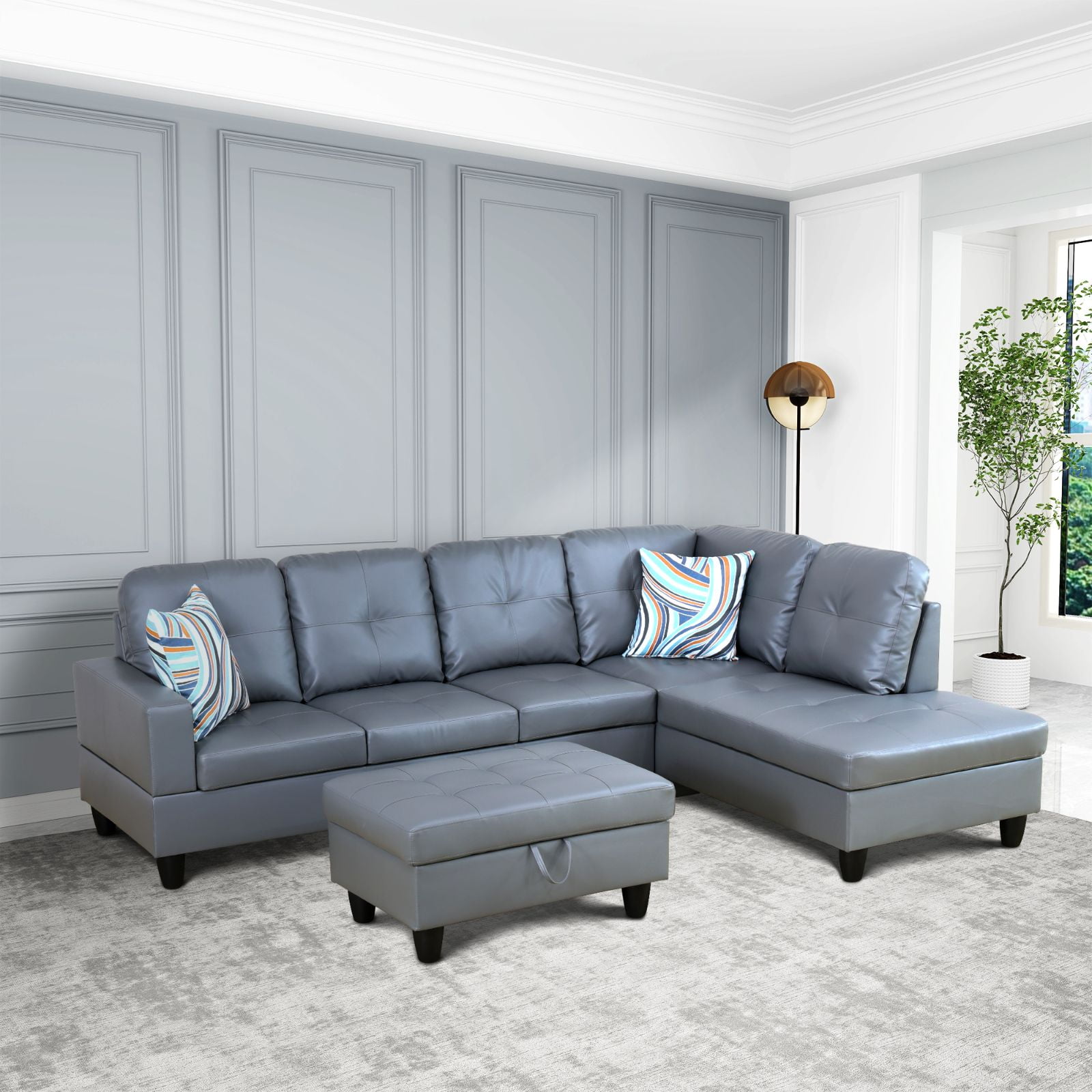 Dark Grey Semi Semi PU Synthetic Leather 3-Piece Couch Living Room Sofa ...