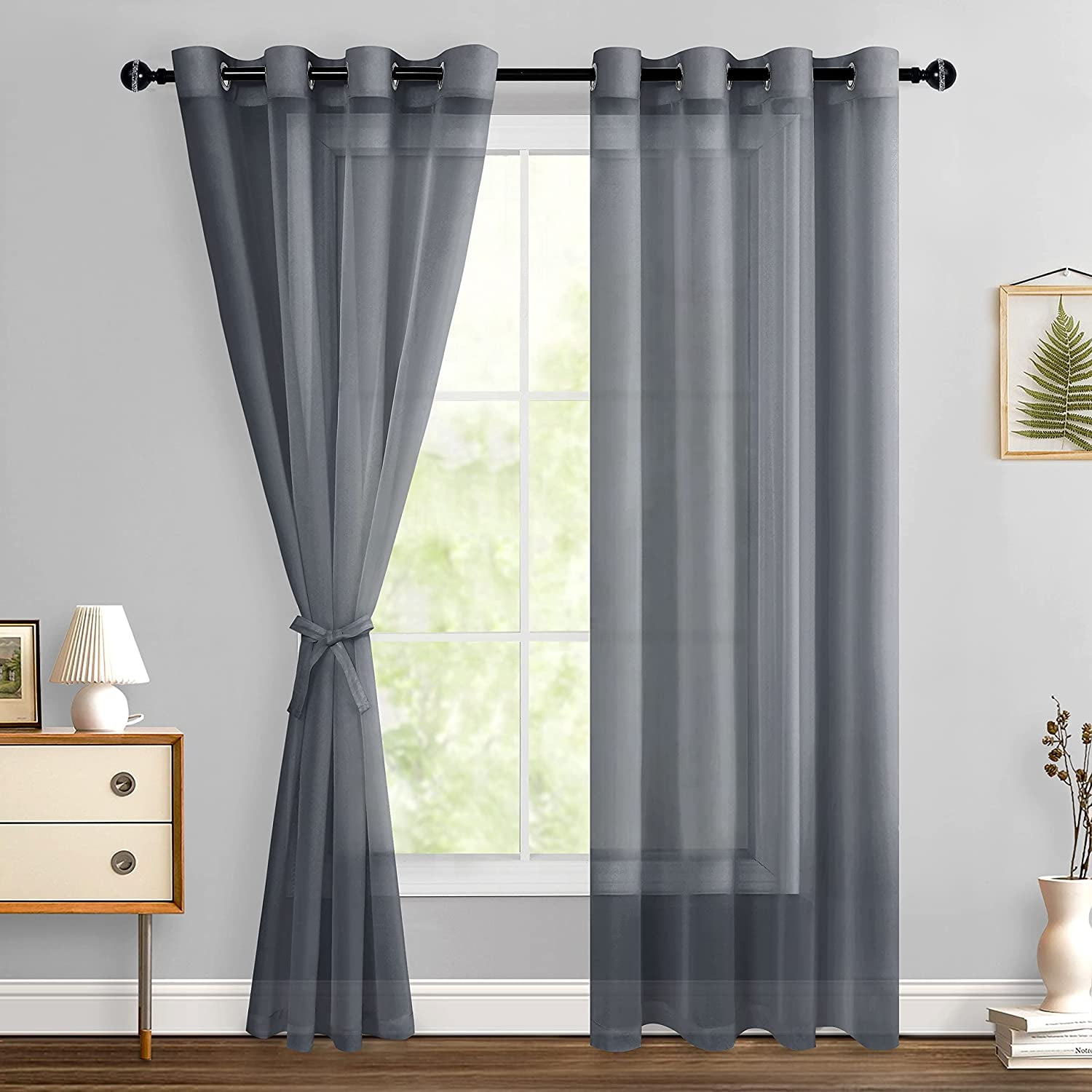 Dark Grey Sheer Curtains 84 Inches Long with Tiebacks, Light Filtering ...