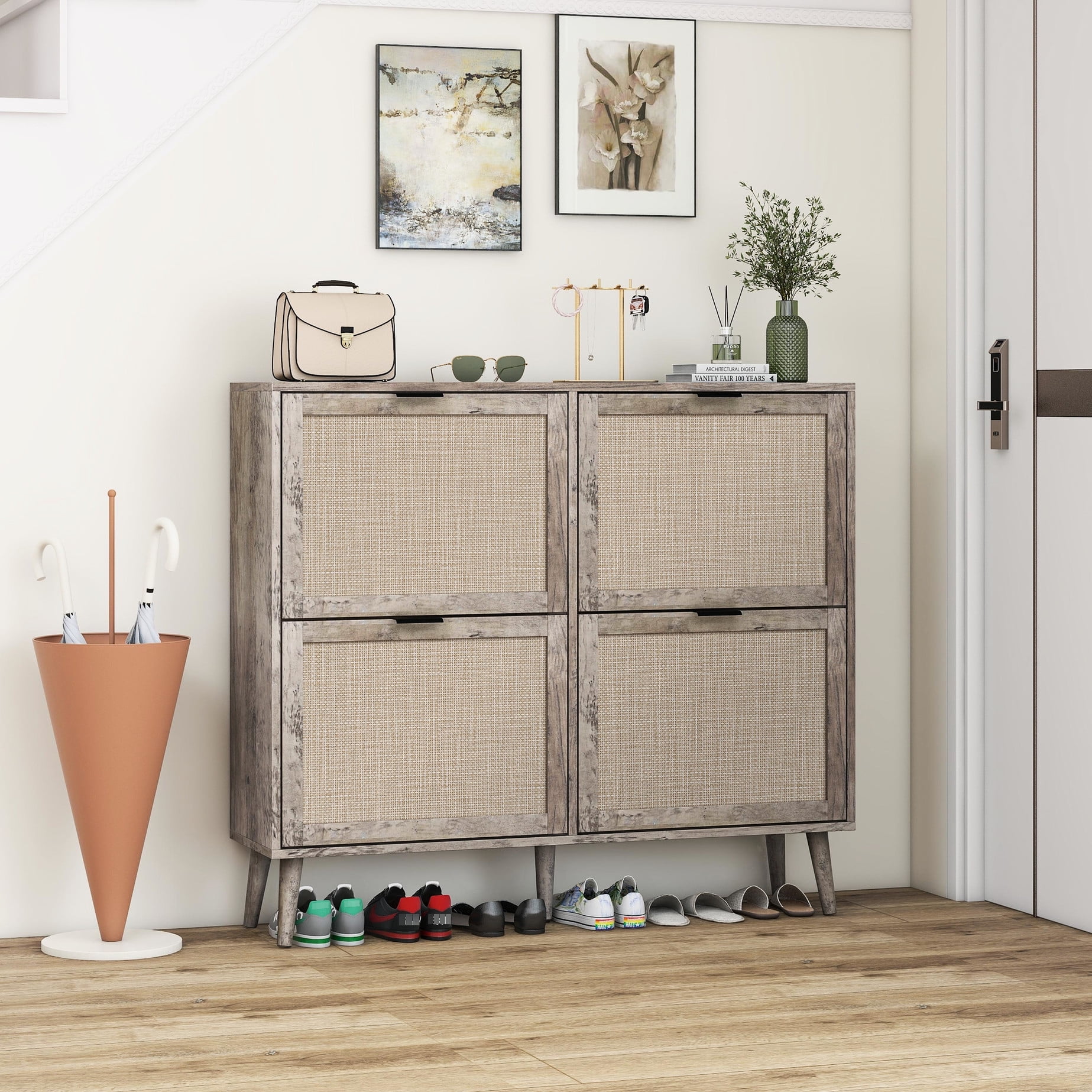 Dark Grey Shoe Rack, 4 Door Freestanding Cabinet, 88lb Load Capacity ...