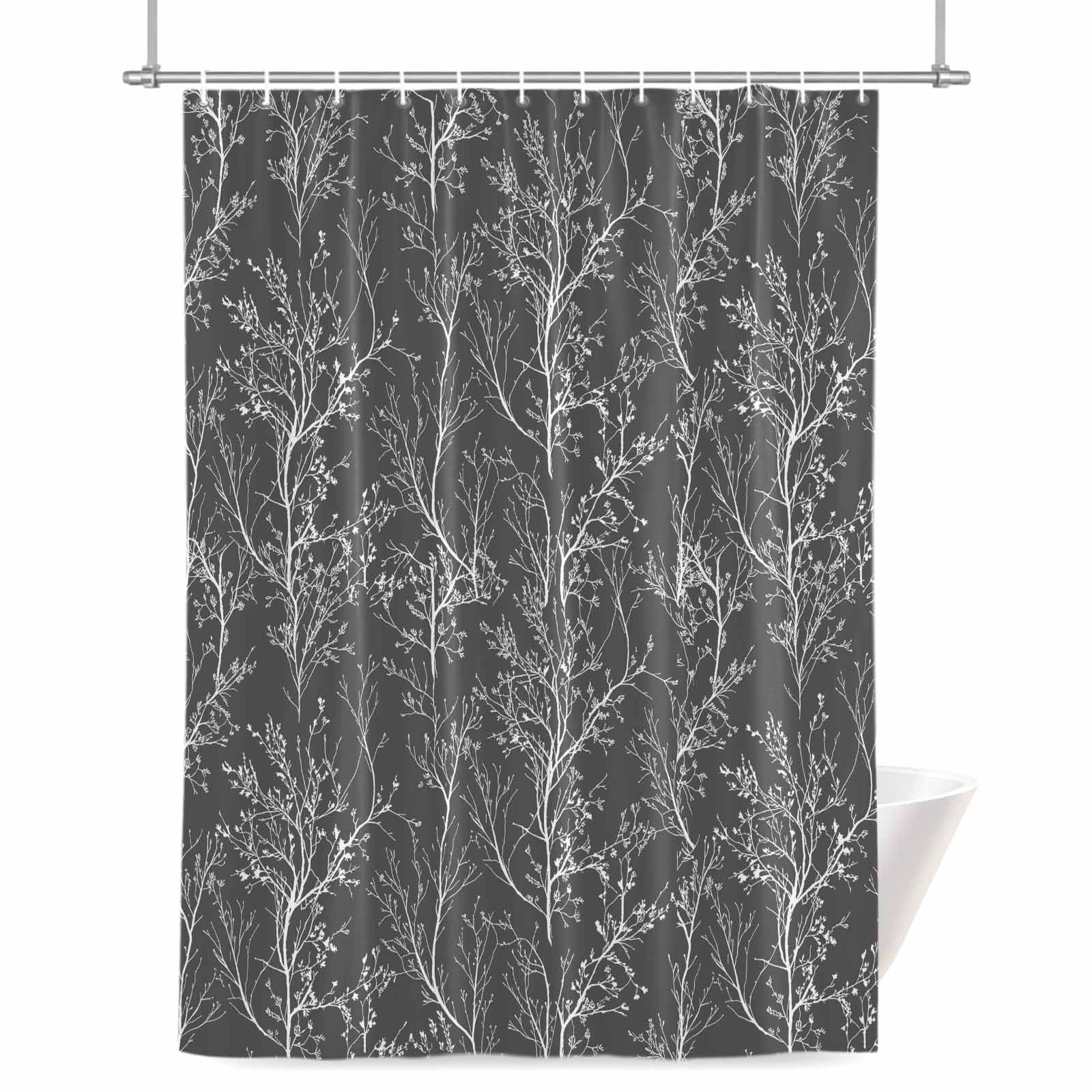 Dark Grey Shower Curtains for Bathroom, White Tree Branch Botanical ...