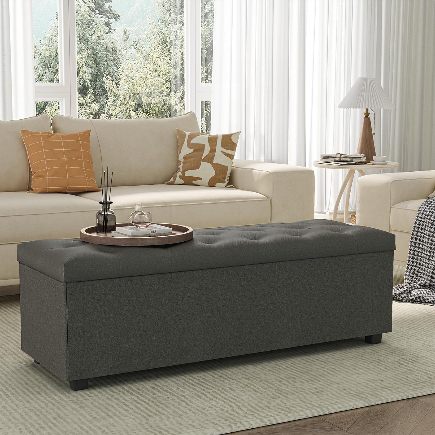Dark Grey Storage Ottoman Bench with Robust Steel Frame for Bedroom ...