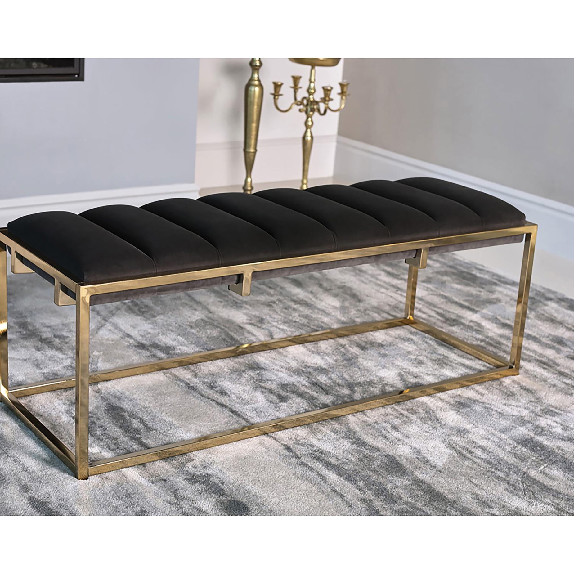 Dark Grey Tufted Bench - Angular Base and Gold - Living Area - Upgrade ...